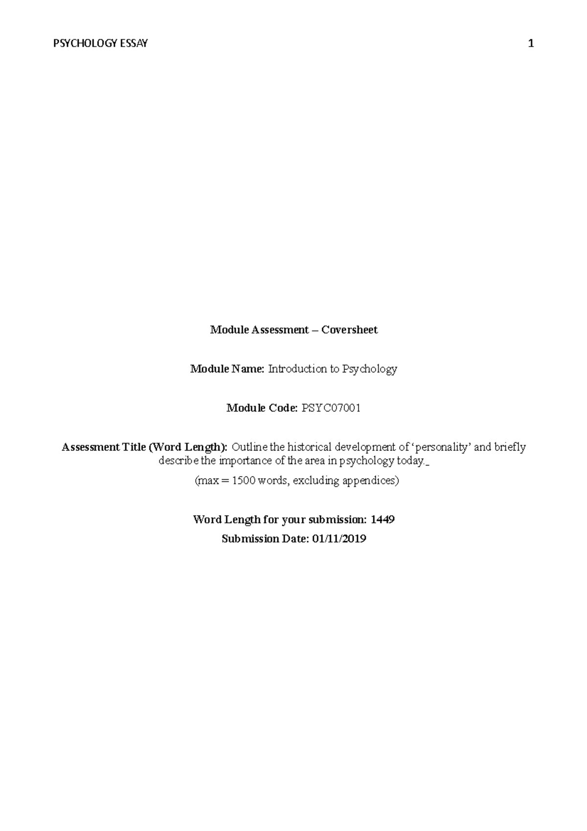 Personality Essay Module Assessment Coversheet Module Name
