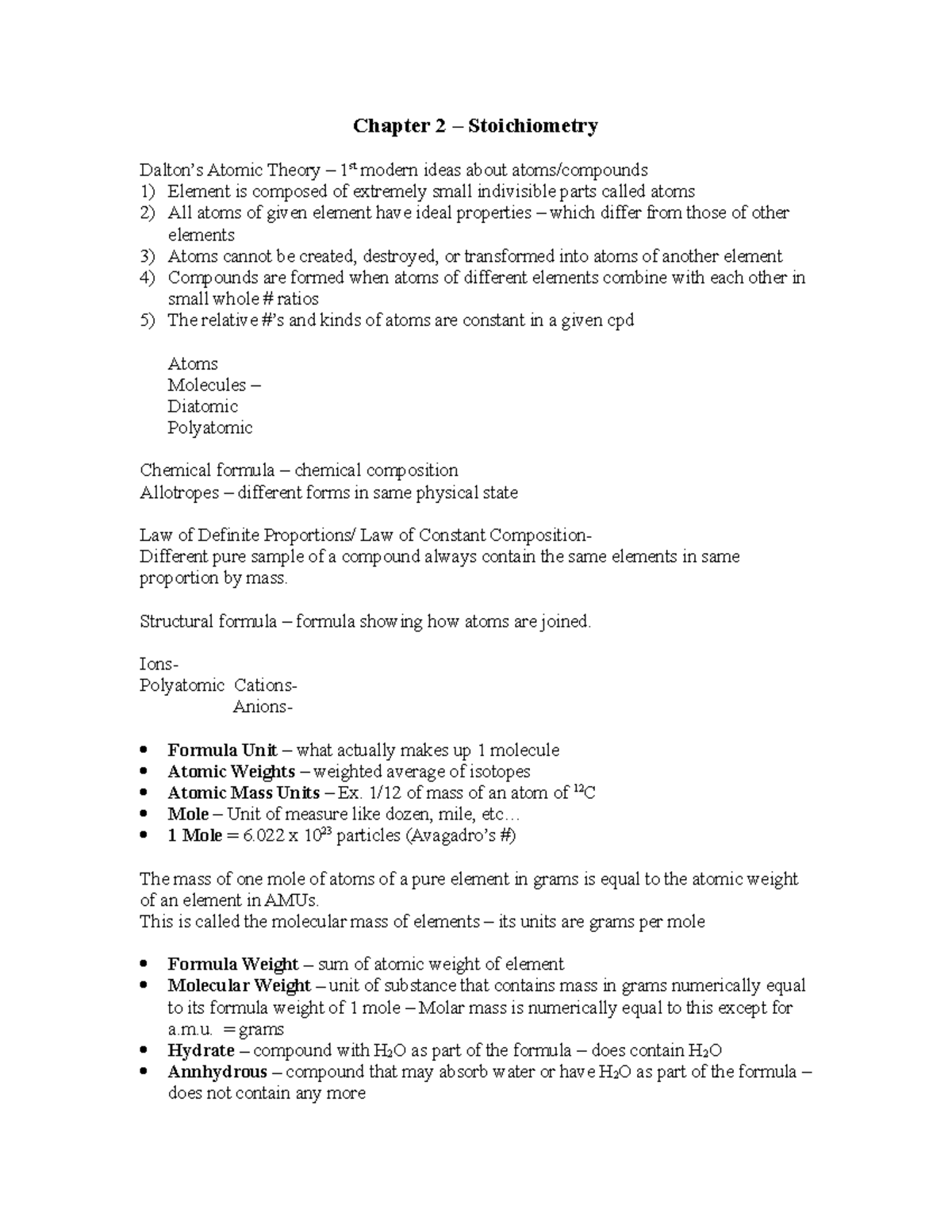 Chapter 2 – Stoichiometry Guide - Chapter 2 – Stoichiometry Dalton’s ...
