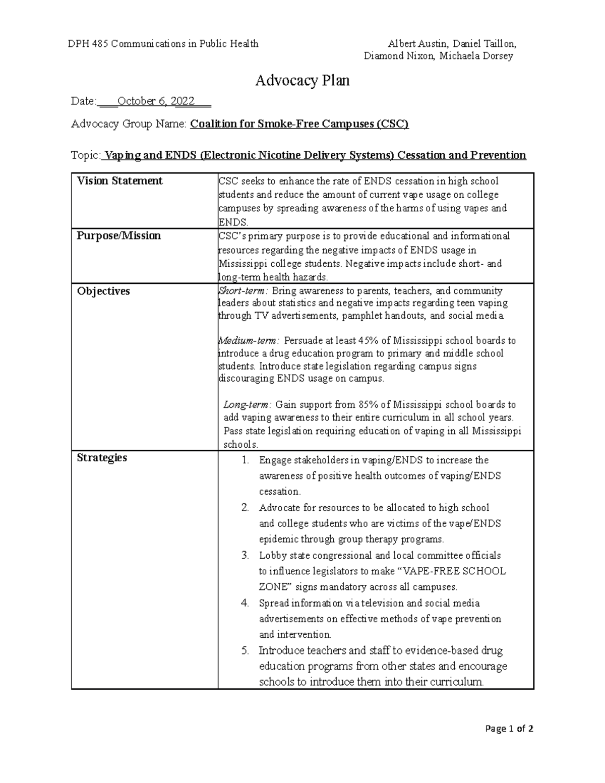 Advocacy Plan - Vaping and ENDS - Advocacy Plan Date: October 6, 2022 ...