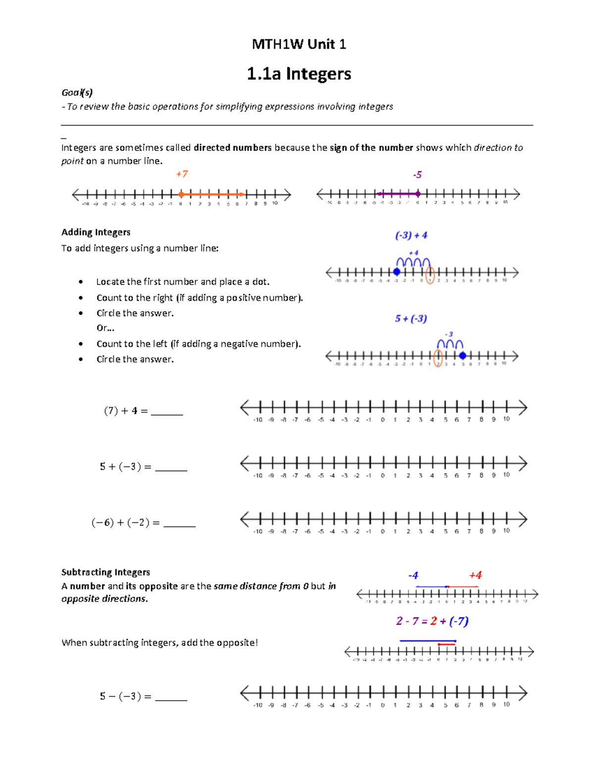 integers summary - MTH1W Unit 1 1 Integers Goal(s) To review the basic ...