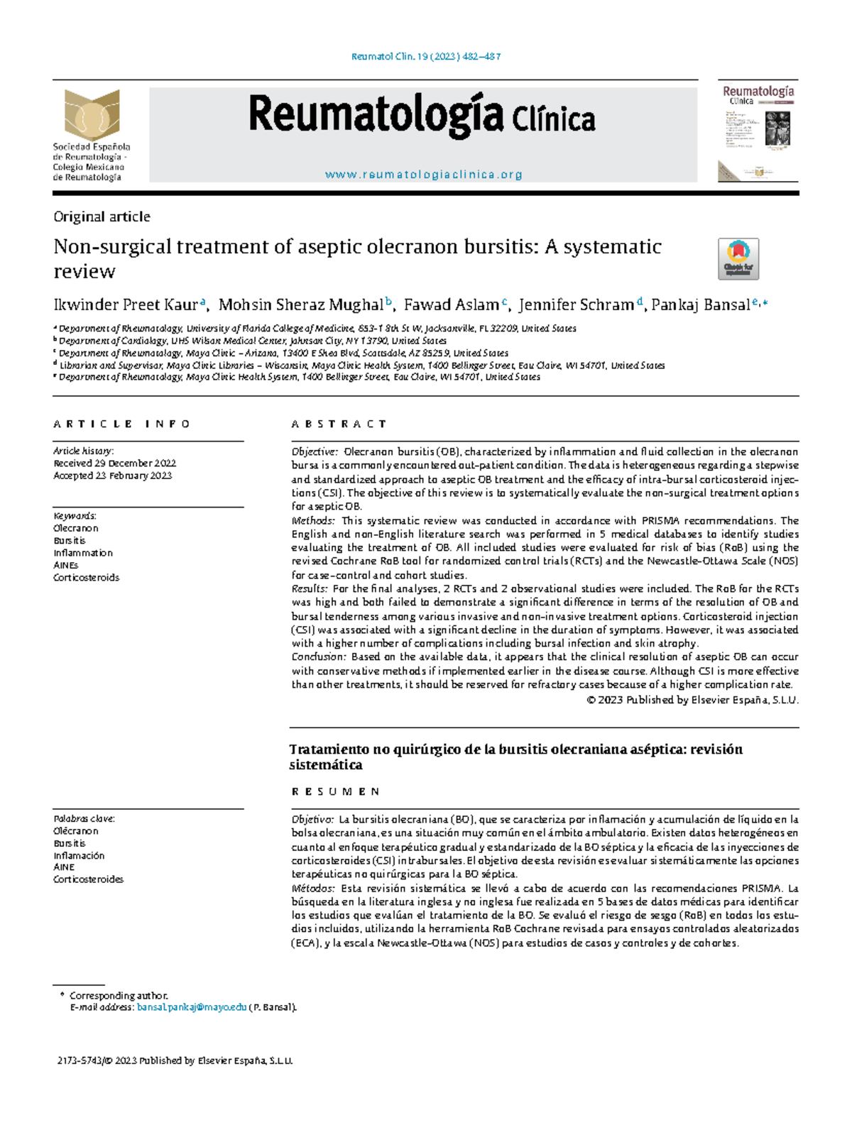 Bursitis - Reumatol Clin. 19 (2023) 482– w w w. r e u m a t o l o g i a ...