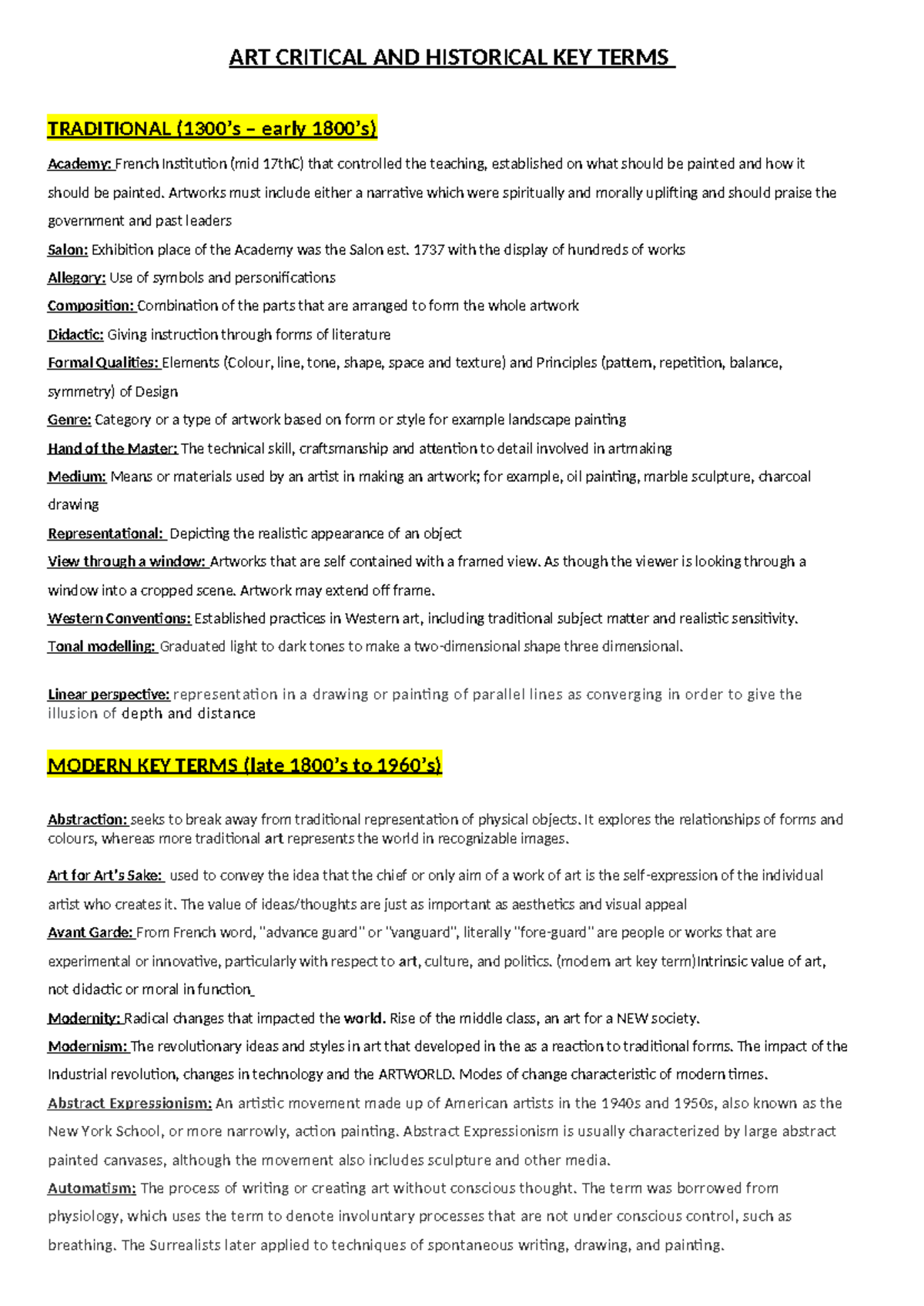 Tradmodpost KEY Terms - ART CRITICAL AND HISTORICAL KEY TERMS ...