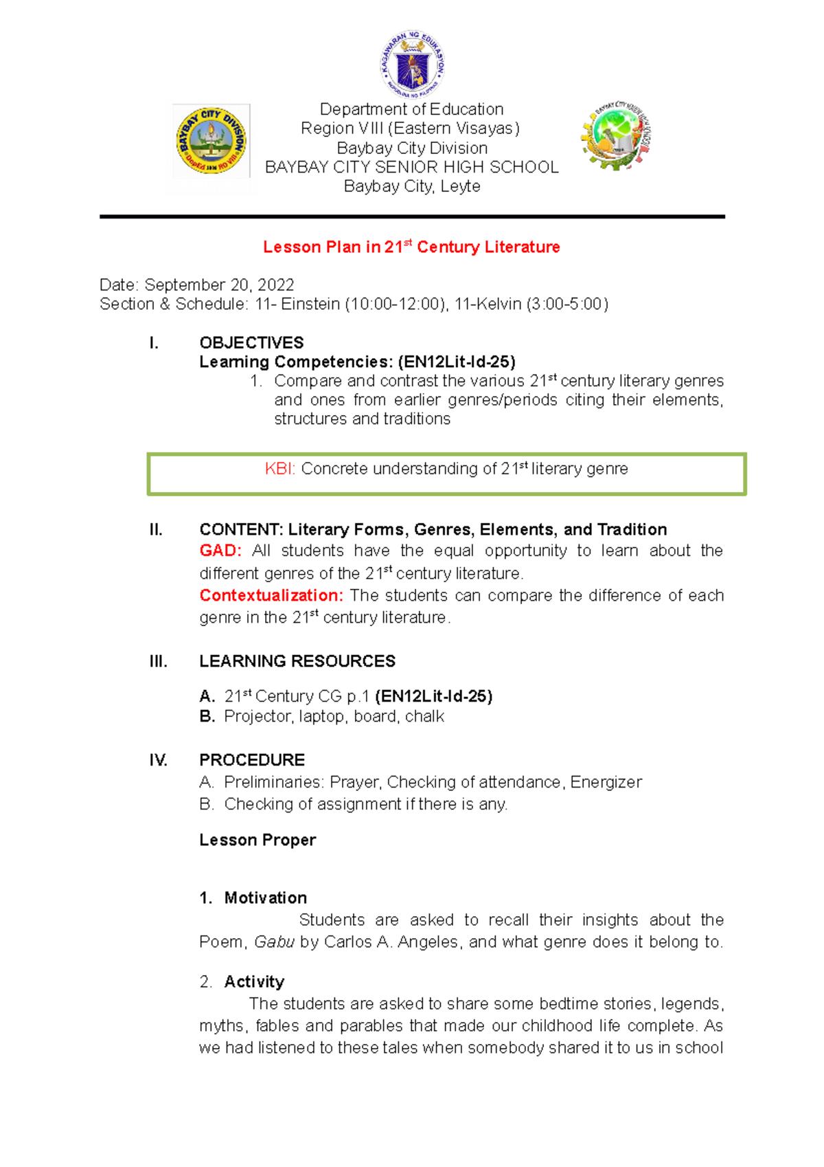 Genre lesson plan - Department of Education Region VIII (Eastern ...