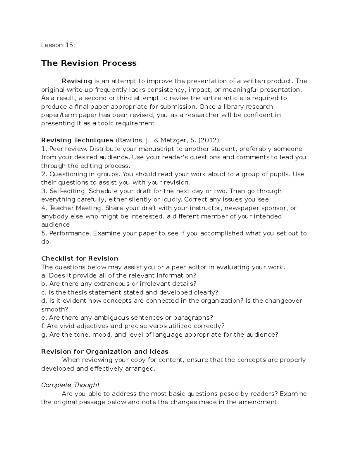 Lesson 15 The Revision Process - Lesson 15: The Revision Process ...