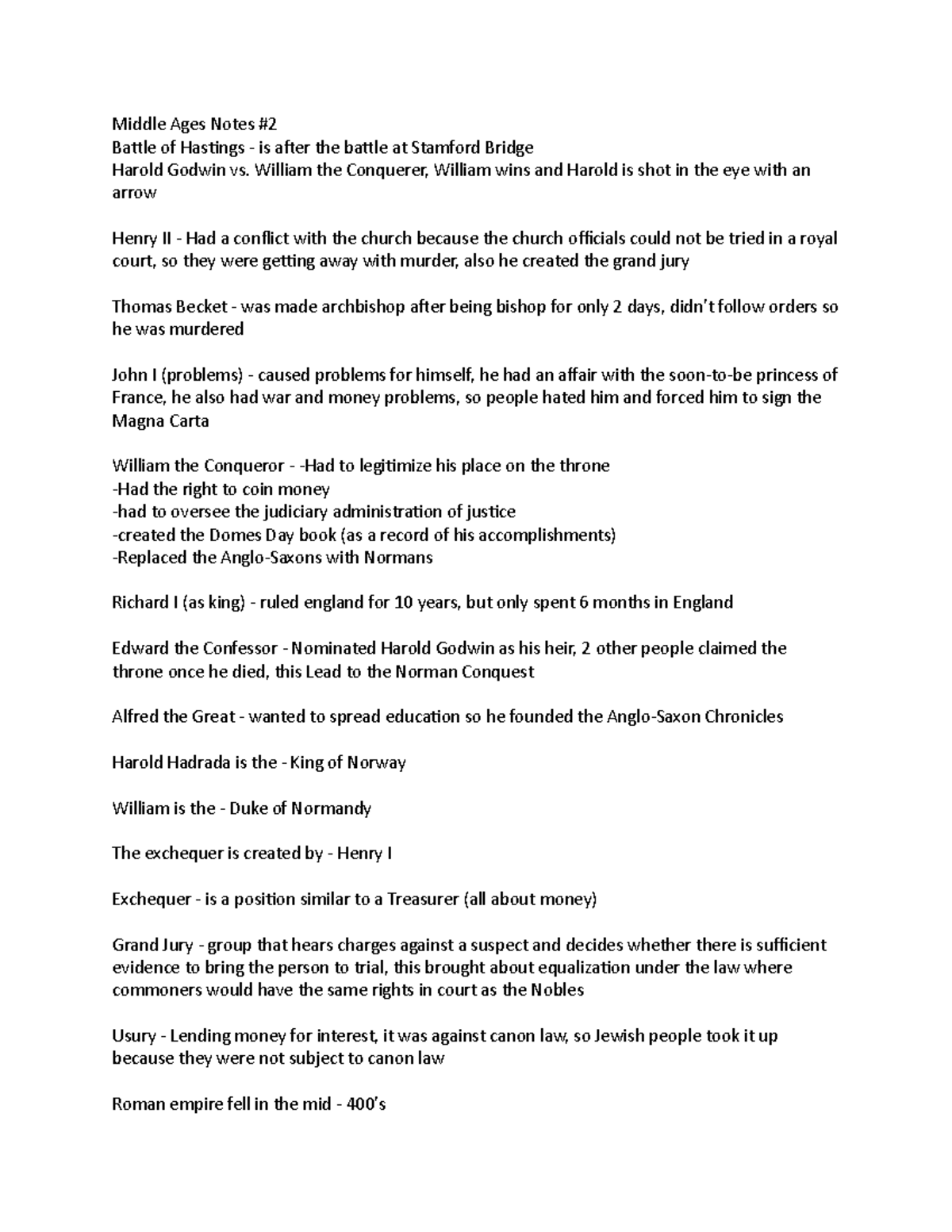 Middle Ages Notes 2 - William the Conquerer, William wins and Harold is ...