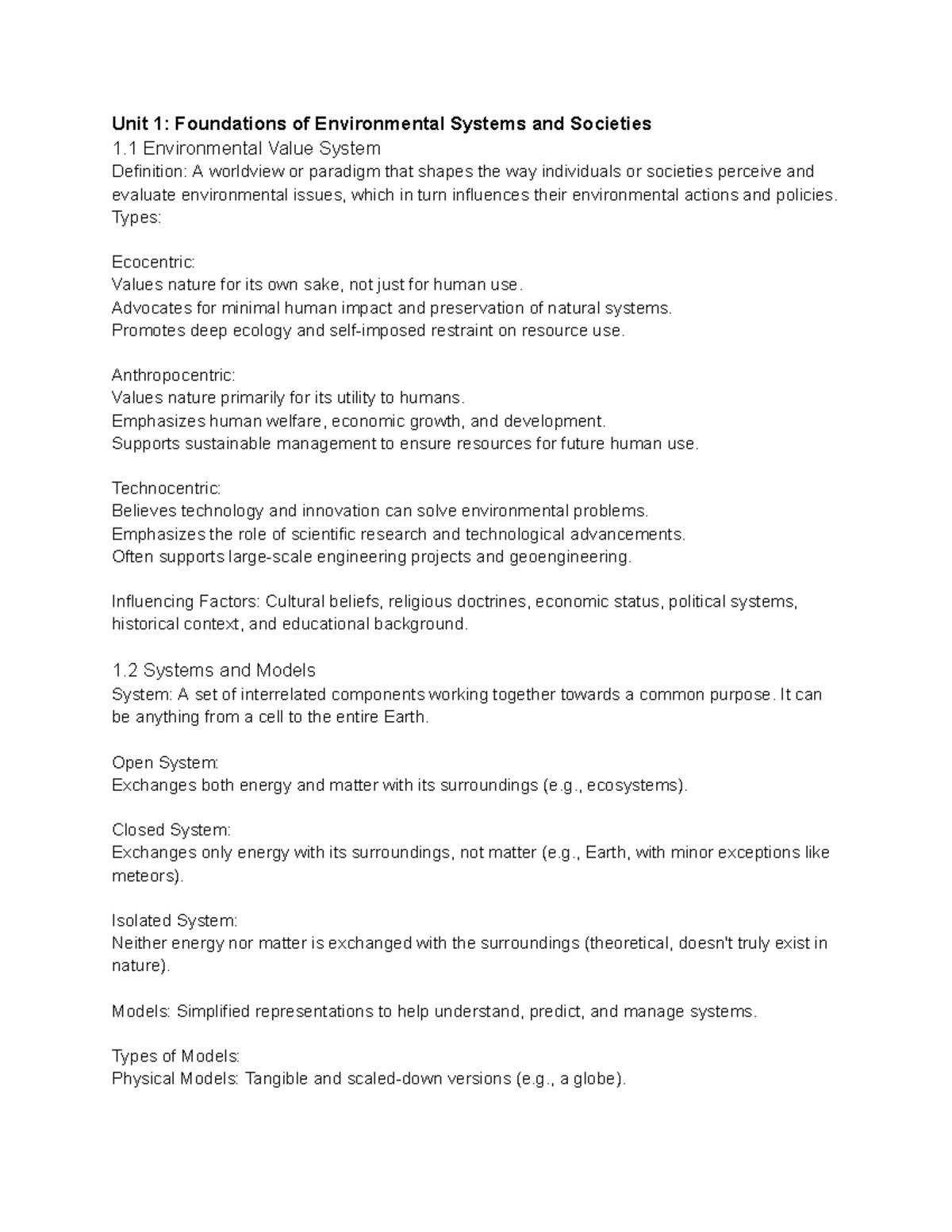 Ess - ess notes - Unit 1: Foundations of Environmental Systems and ...