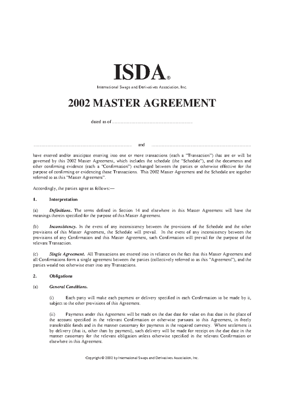 ISDA Master - Class - Copyright © 2002 by International Swaps and ...
