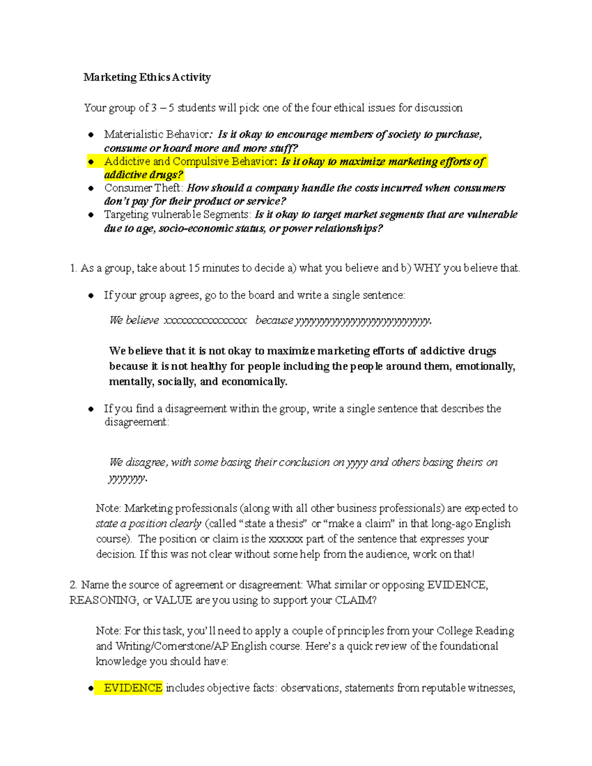 Marketing Ethics Activity - If your group agrees, go to the board and ...