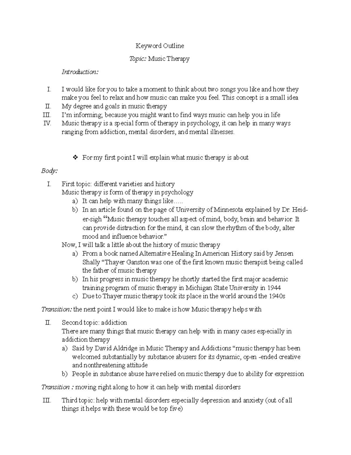 Keyword Outline - Keyword Outline Topic: Music Therapy Introduction: I ...