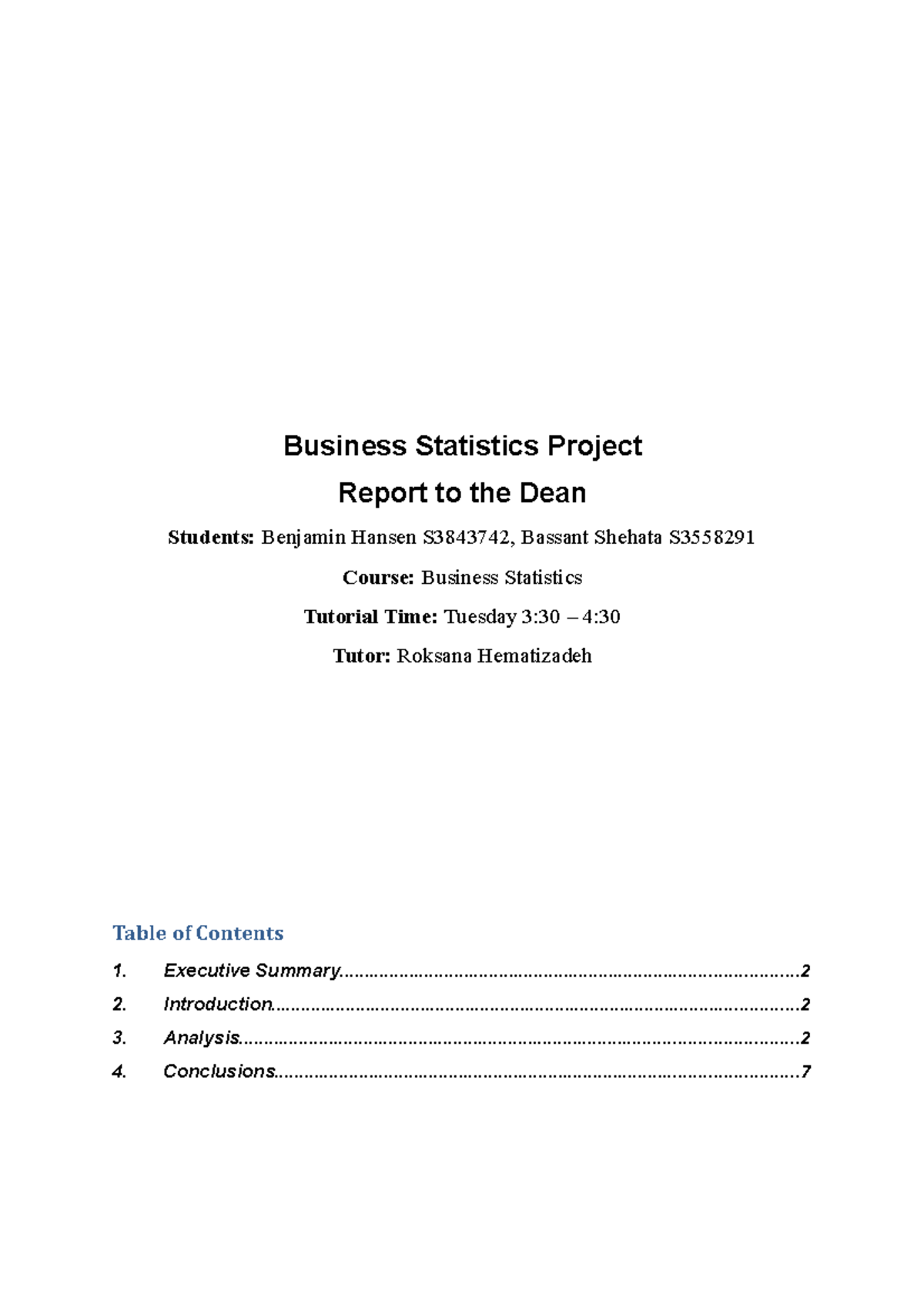 Final Business Statistics Report (Ben & Bassant) - Business Statistics ...