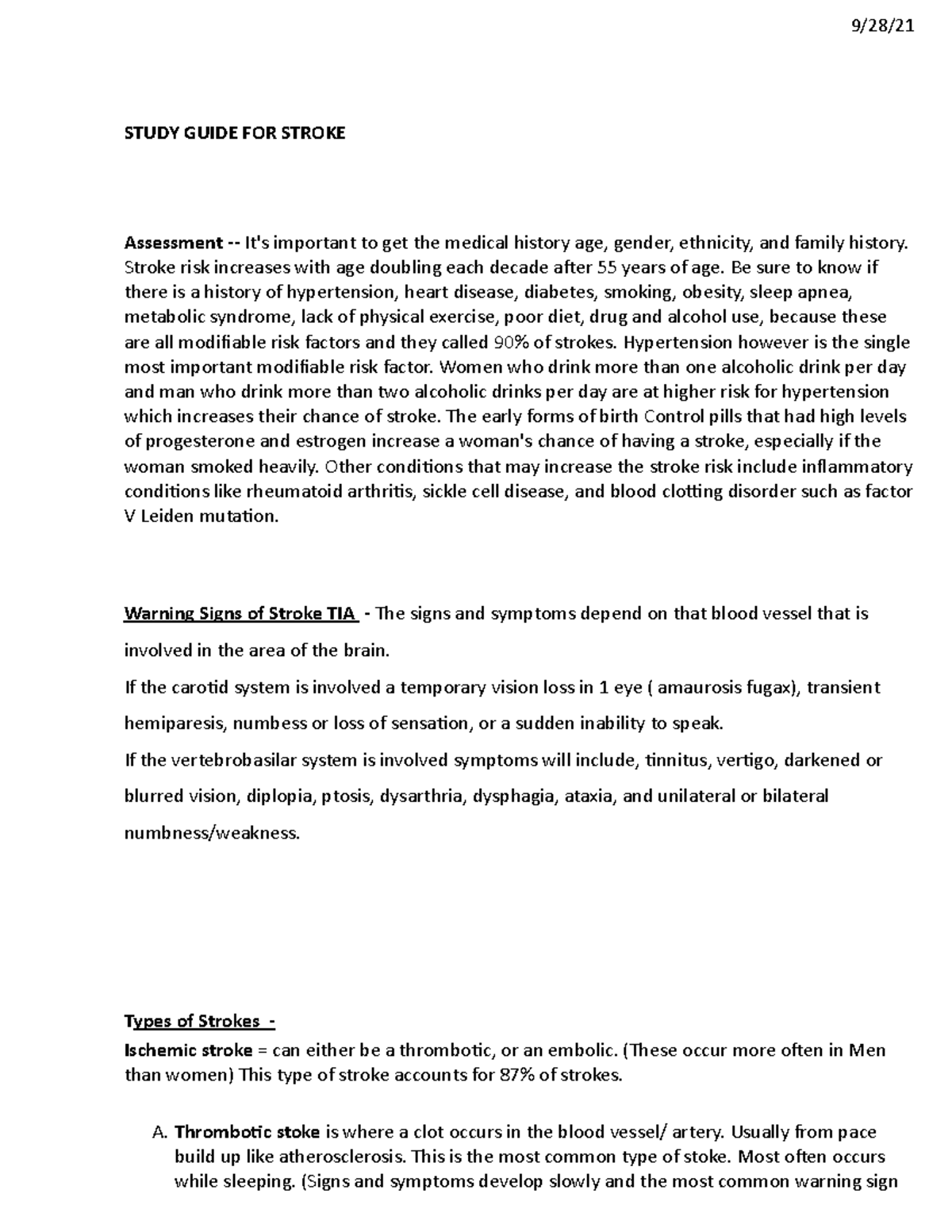 Study Guide FOR Stroke PDF - 9/28/ STUDY GUIDE FOR STROKE Assessment ...