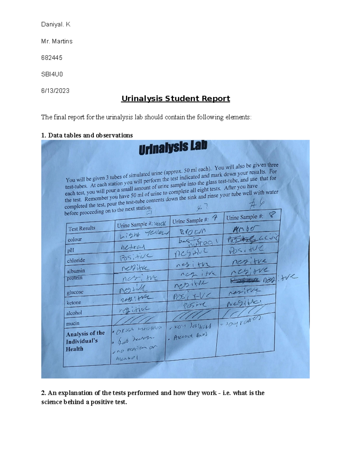 Urinalysis Student Report - Mr. Martins 682445 SBI4U 6/13/ Urinalysis ...