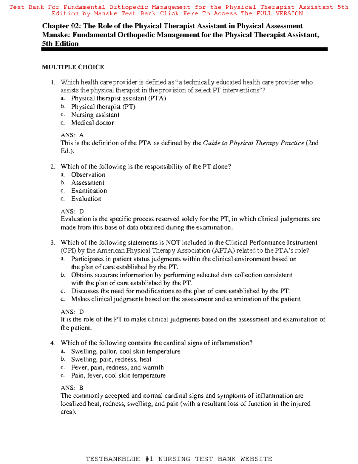 Test Bank for Fundamental Orthopedic Management for the Physical ...