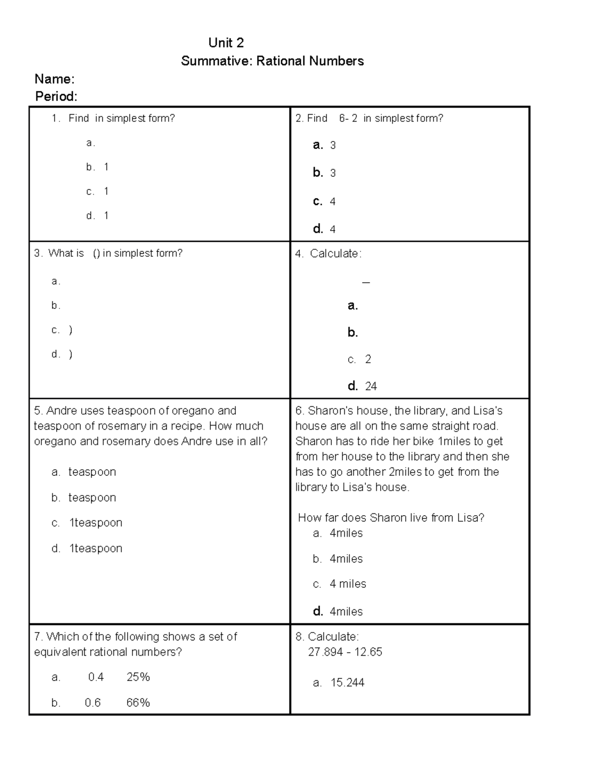 Copy of Copy of 7th Grade Unit 2 Summative - Unit 2 Summative: Rational ...