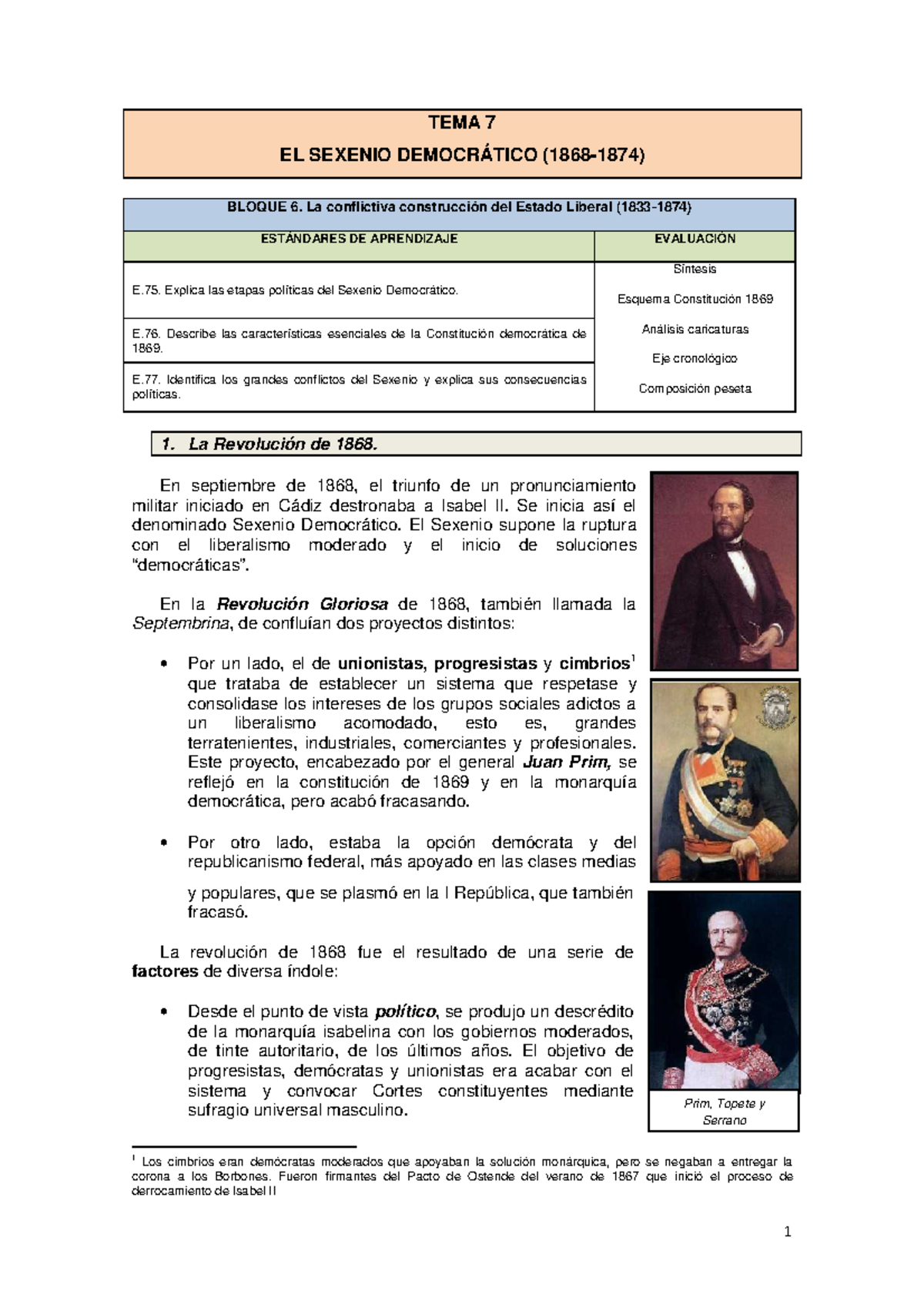 TEMA 7. EL Sexenio Democrático 1868-1974 - TEMA 7 EL SEXENIO DEMOCRÁTICO (1868-1874) BLOQUE 6 ...