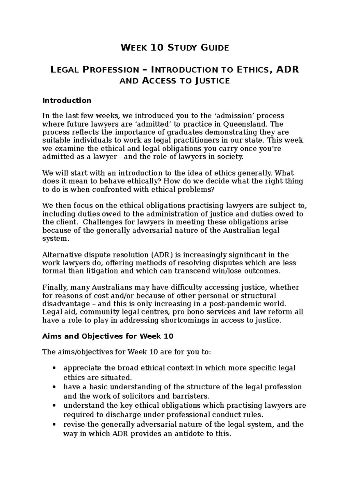 Foundations of Law - Week 10 - Study Guide - WEEK 10 STUDY GUIDE LEGAL ...