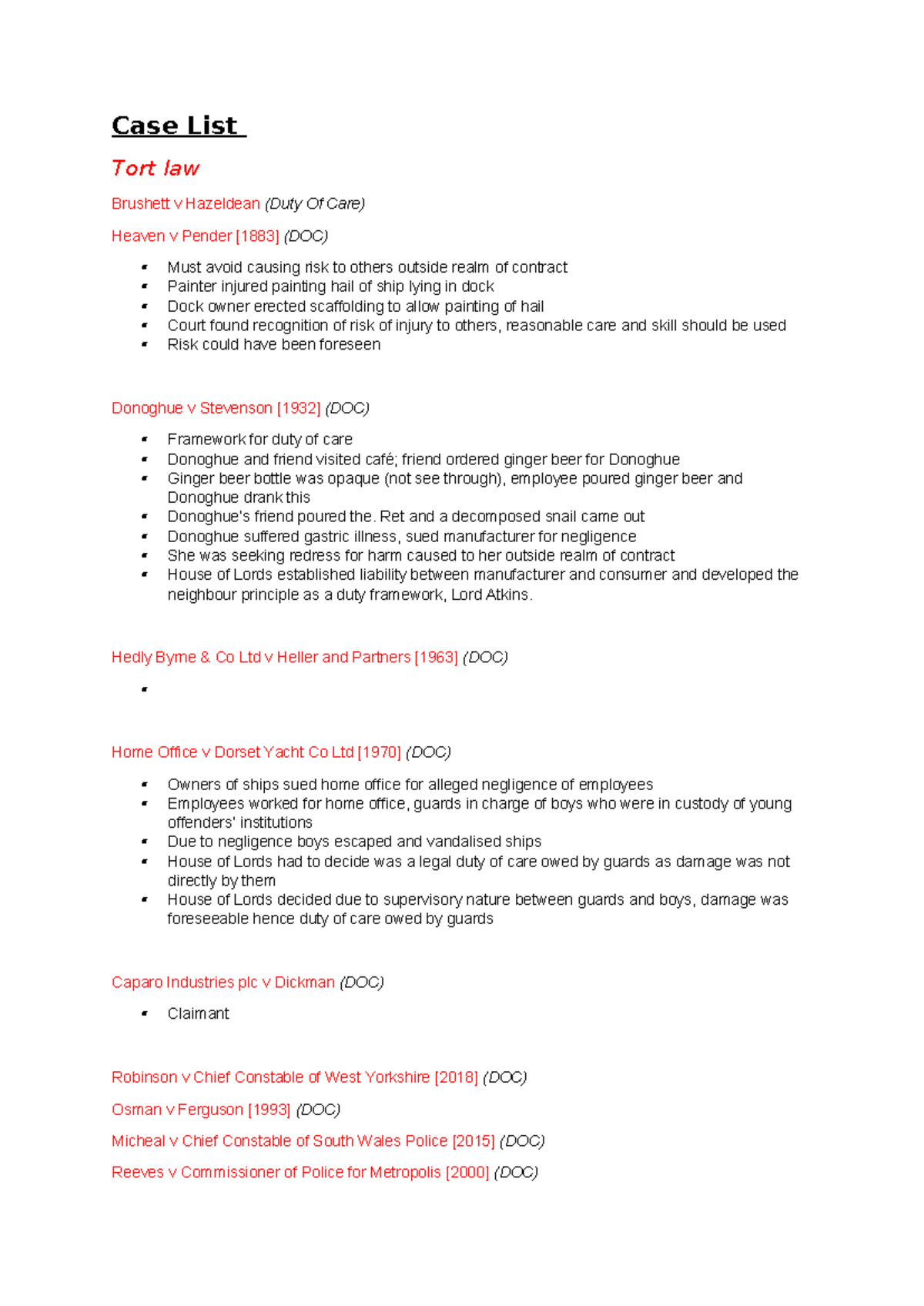 CASE LIST - Case List for Tort and Contract Law - Case List Tort law ...