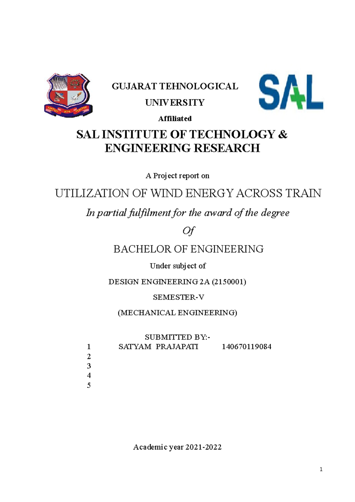 A Project Report OF Design Engineering 5 SEM - Mechanical Operation ...