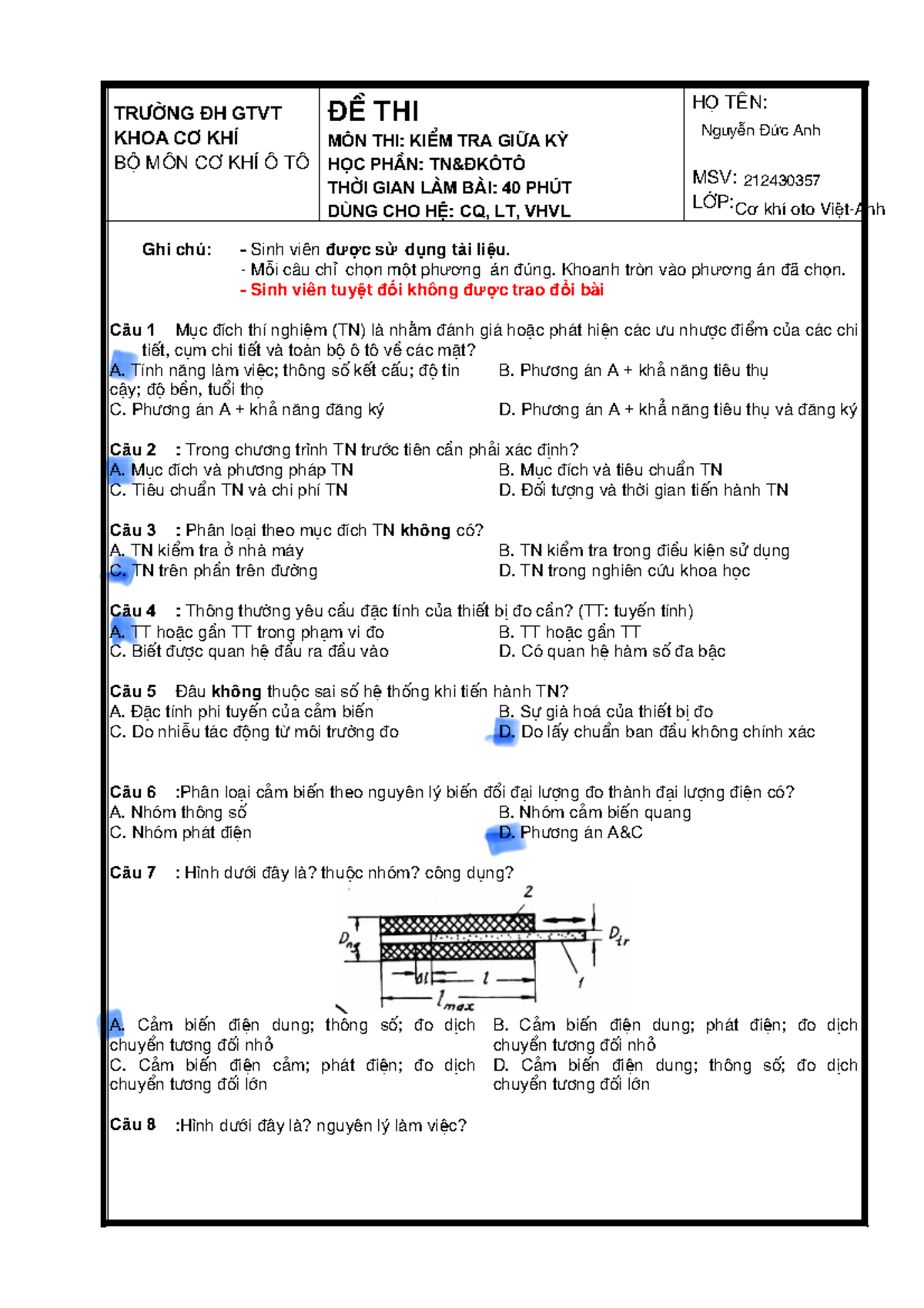 Nguyễn Đức Anh -212430357 - Tr−êng ®h gtvt Khoa c¬ khÝ Bé m«n c¬ khÝ « t« ®Ò thi M«n thi: KIÓM ...