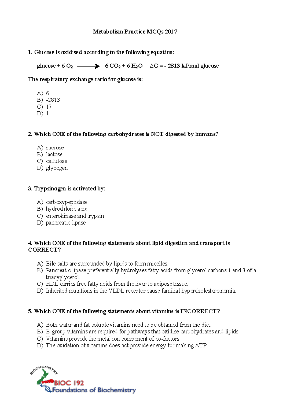 Sample/practice exam 2017, questions - Metabolism Practice MCQs 2017 1 ...