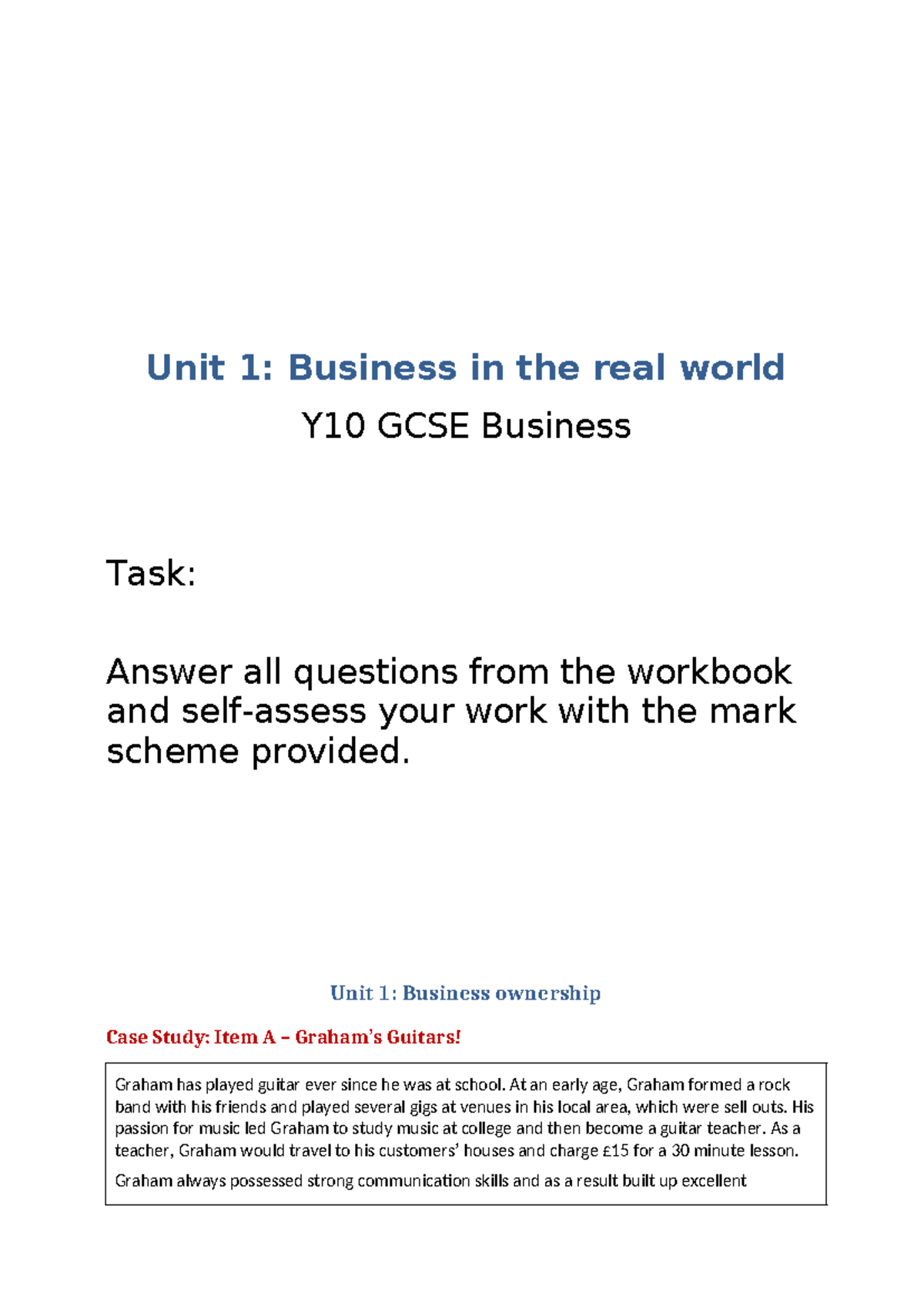 Yr10 Business studies Home Learning Pack 1 - Unit 1: Business in the ...