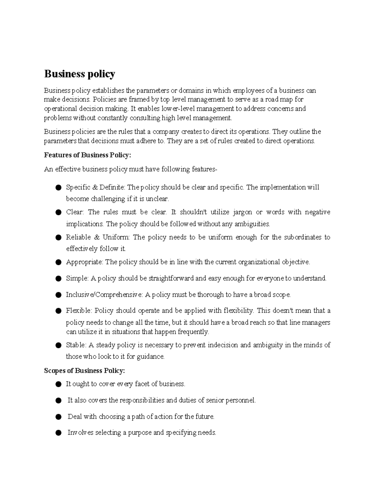 Business policy, features, importance - Business policy Business policy ...