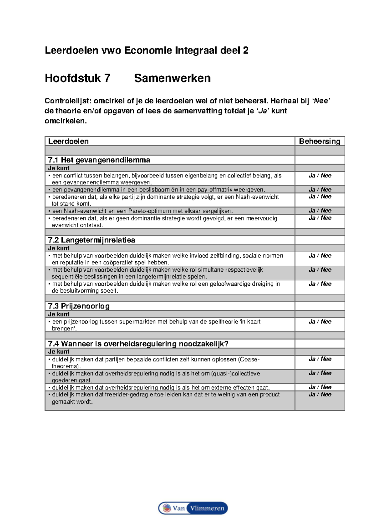 Economie Integraal vwo controlelijsten deel 2 - Hoofdstuk 7 Samenwerken ...