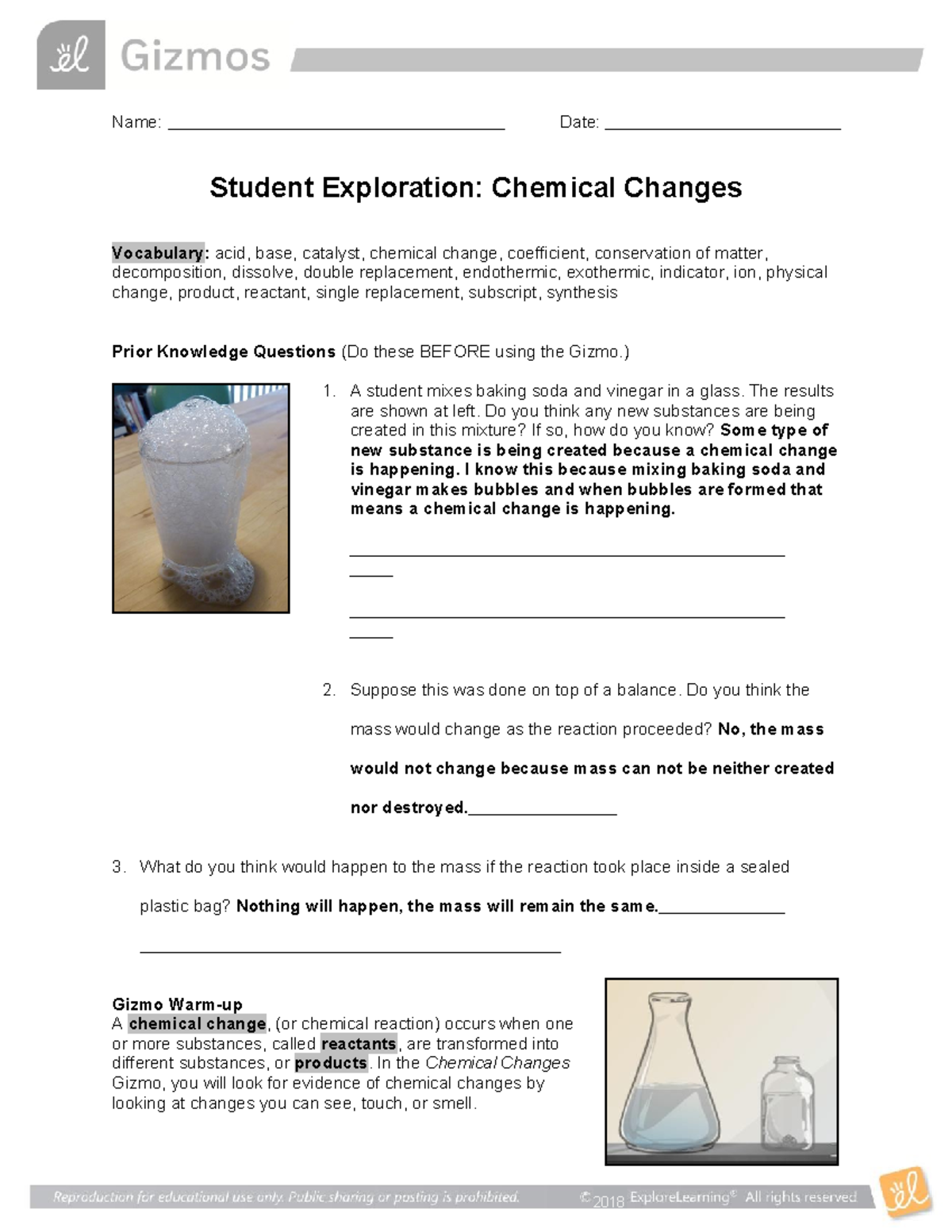 Chemical Changes SE-1 - boom - Name: Date: Student Exploration ...