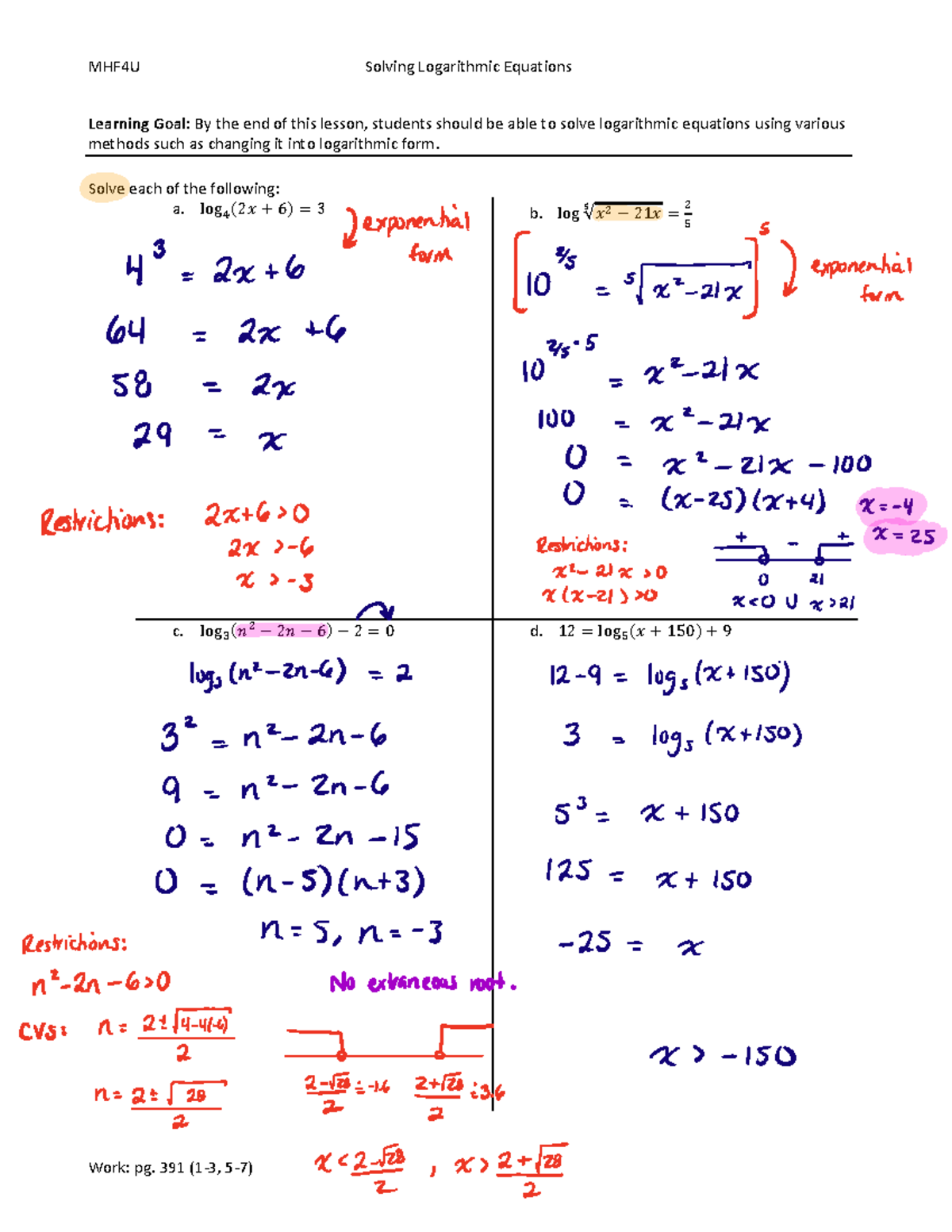 4 Tools for Solving Logarithmic Equations - Warning: TT: undefined function: 32 MHF4U Solving ...