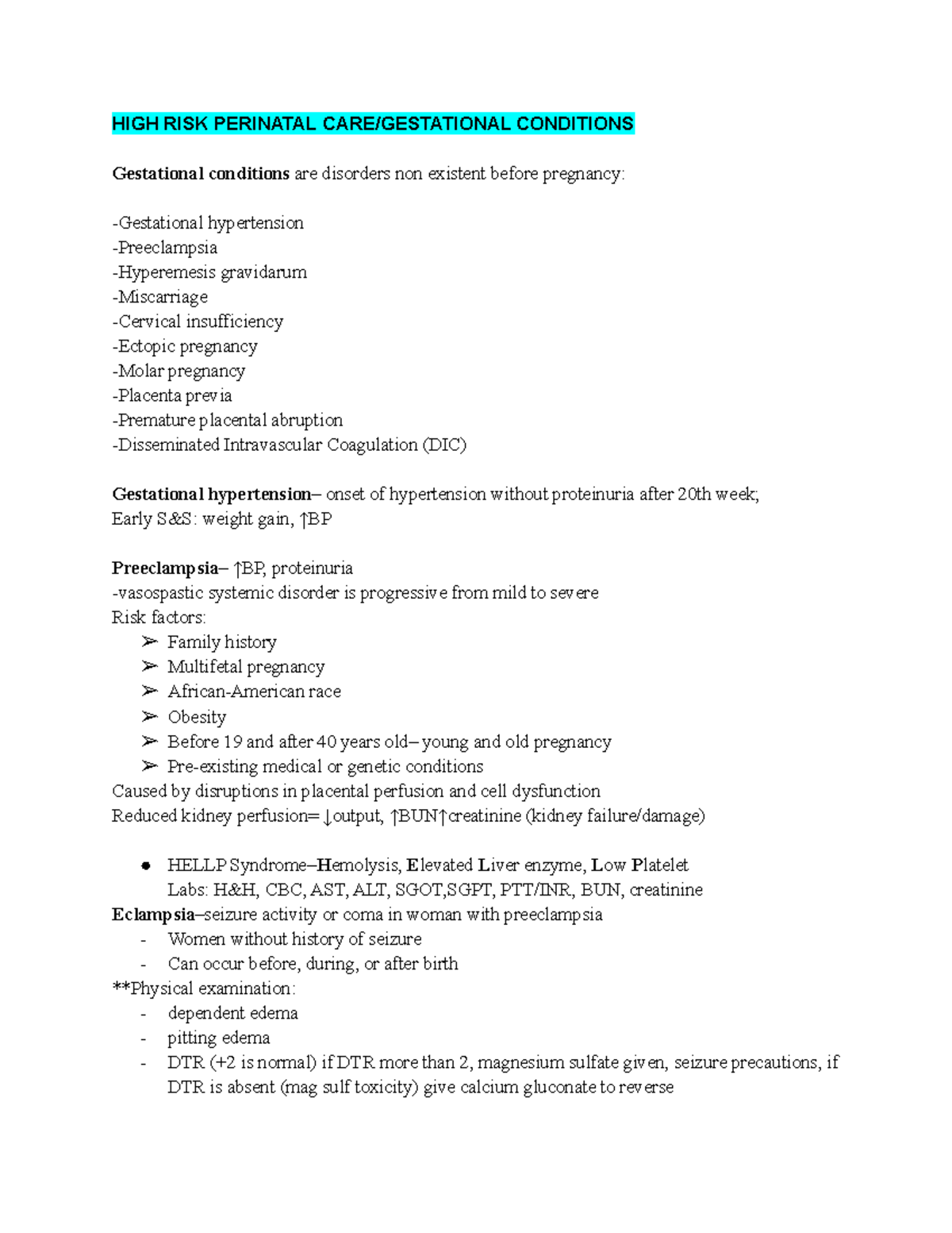 HIGH RISK Perinatal CARE Gestational Conditions - HIGH RISK PERINATAL ...