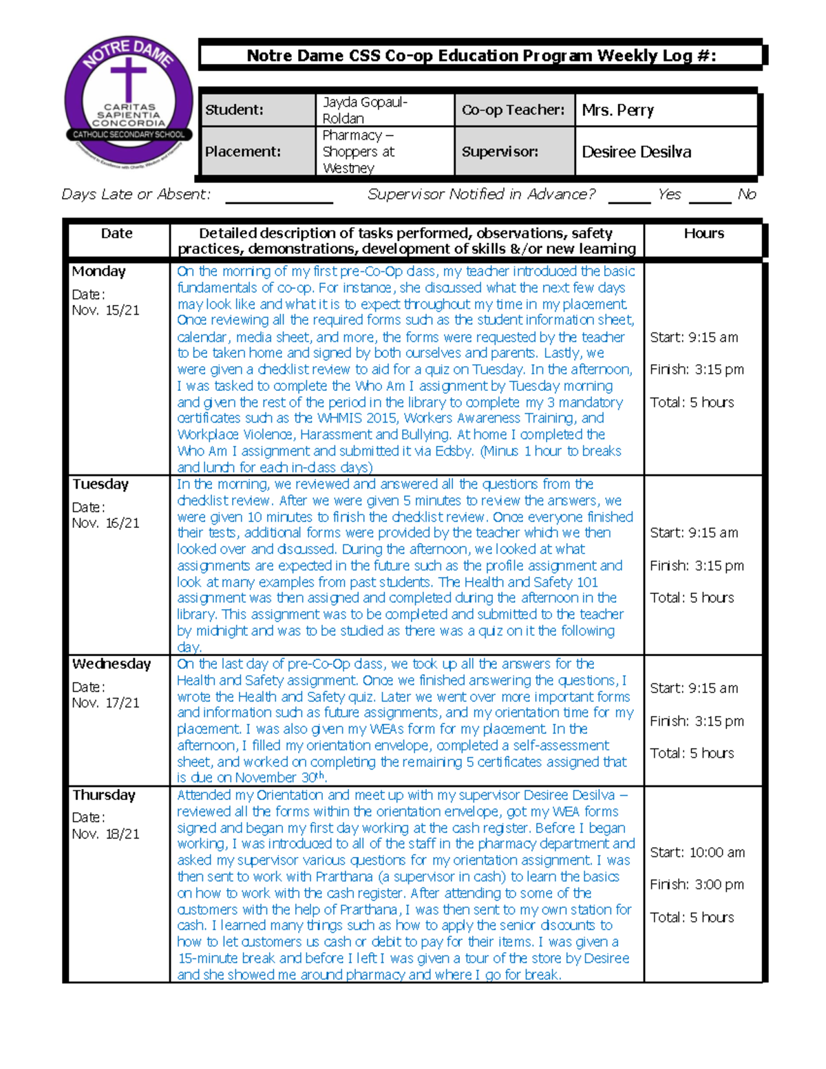 Weekly Logs Quad 2 (1)Nov, 2021 (1) - Notre Dame CSS Co-op Education ...