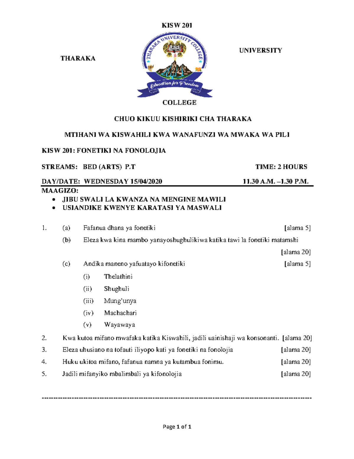 KISW 201 - Summary Introduction to Literature in Kiswahili - KISW 201 Page 1 of 1 CHUO KIKUU ...