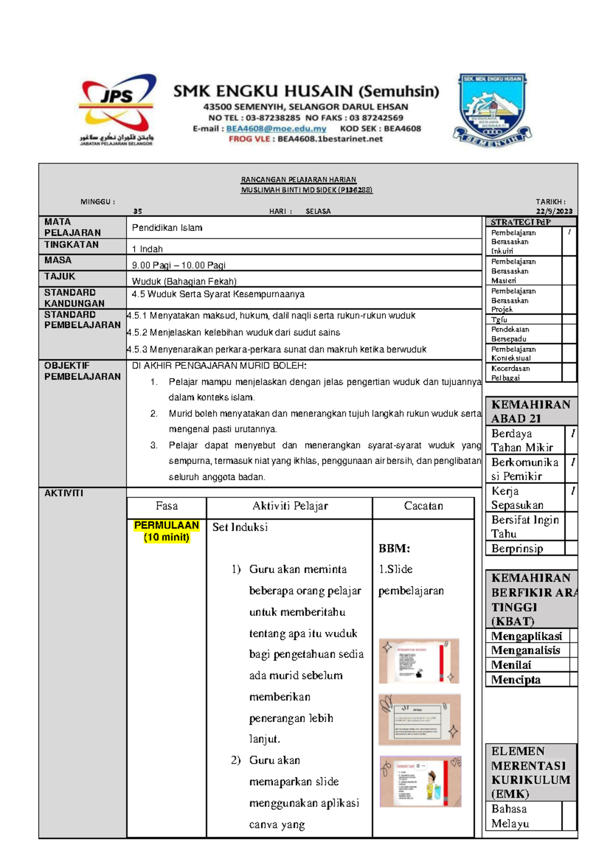 Modul pendidikan islam (muslimah) - MINGGU : RANCANGAN PELAJARAN HARIAN ...
