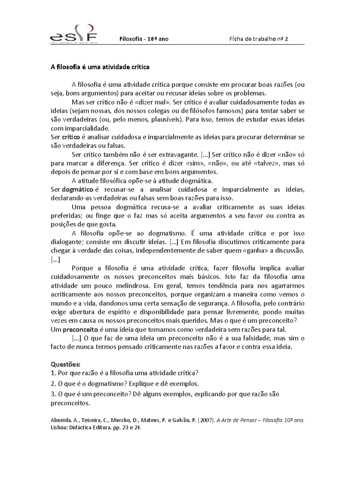 Ficha de Trabalho 2 - dfghjm, - Filosofia - 10º ano Ficha de trabalho ...