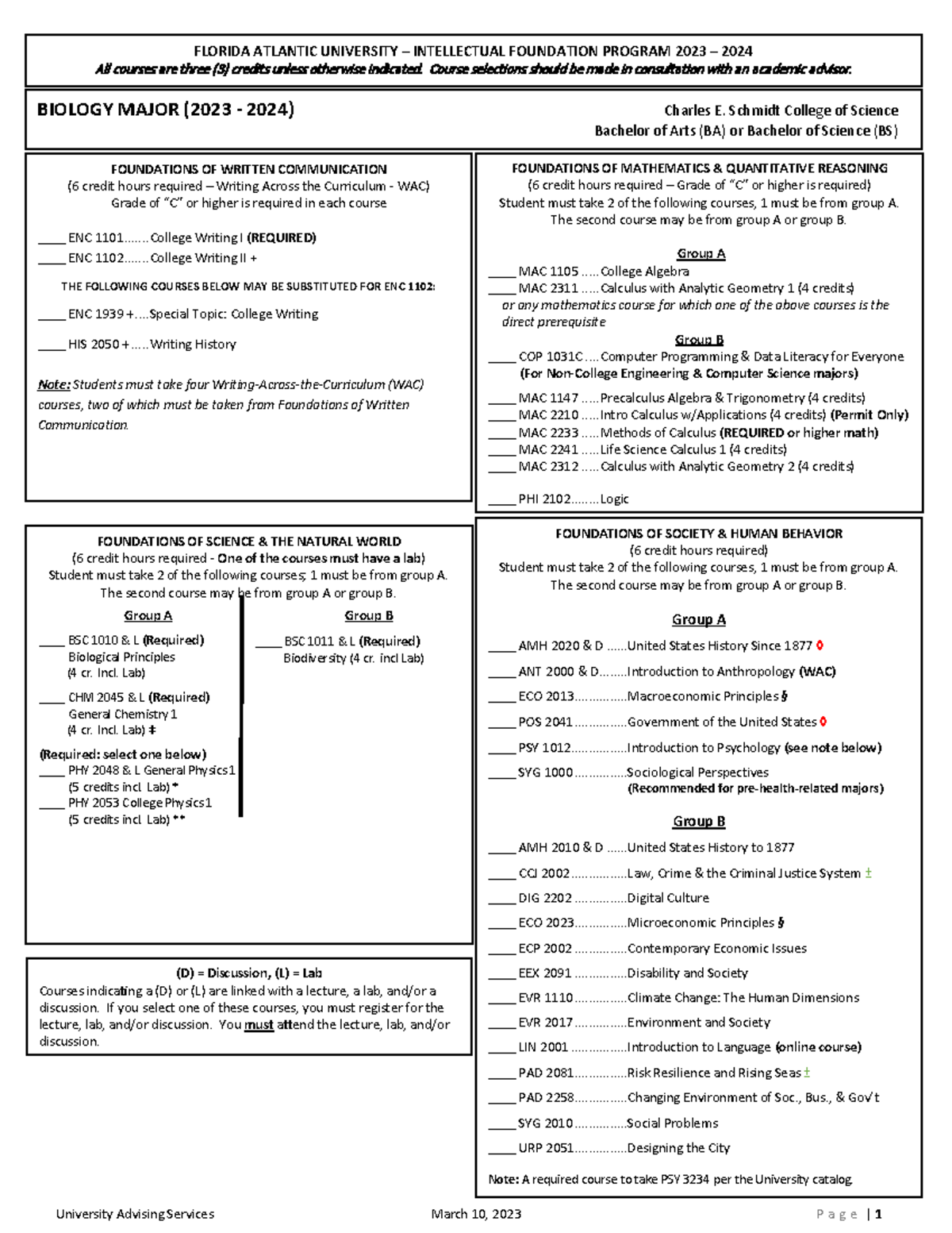Biology program sheet - Its about science - ####### FOUNDATIONS OF ...
