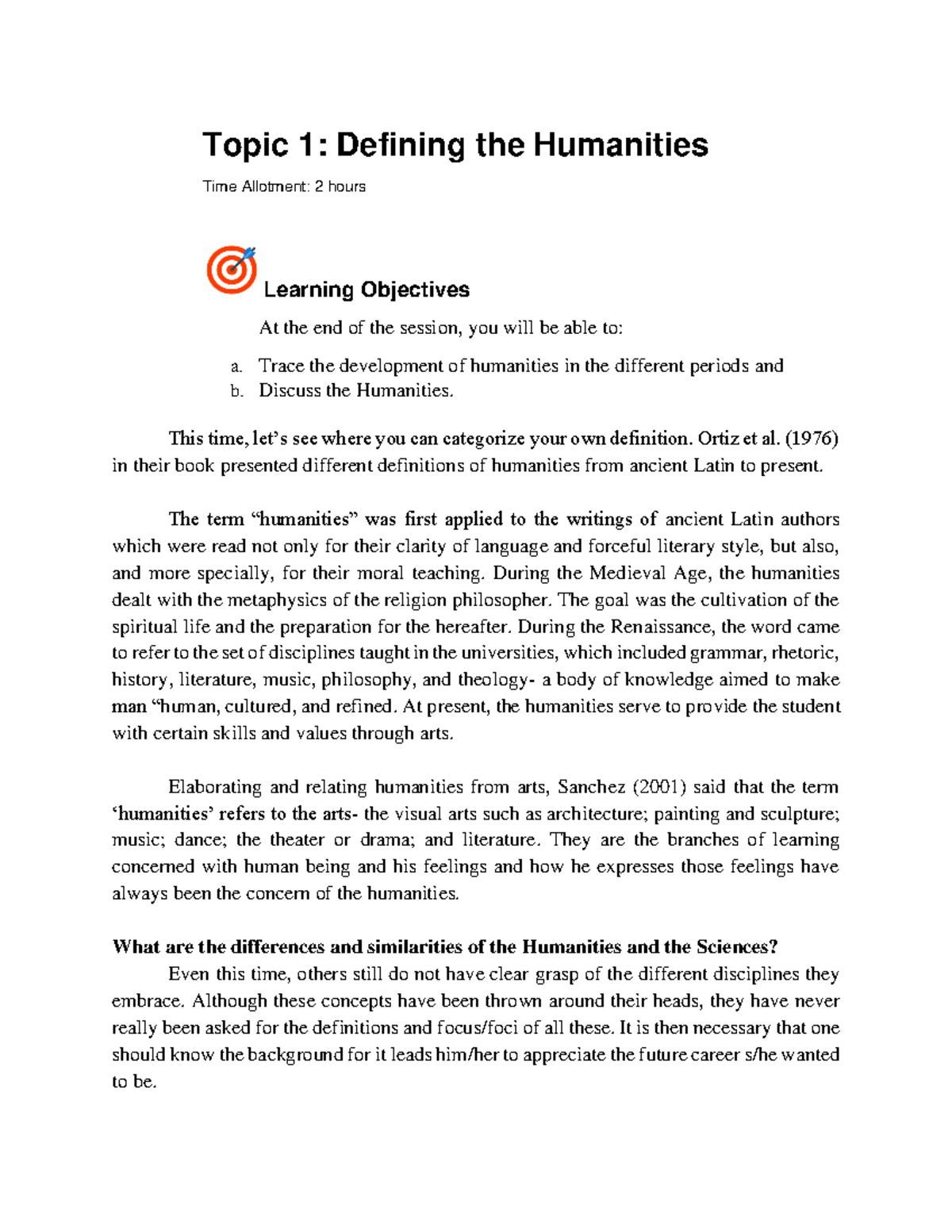 Topic 1 Defining THE Humanities - Topic 1: Defining the Humanities Time ...