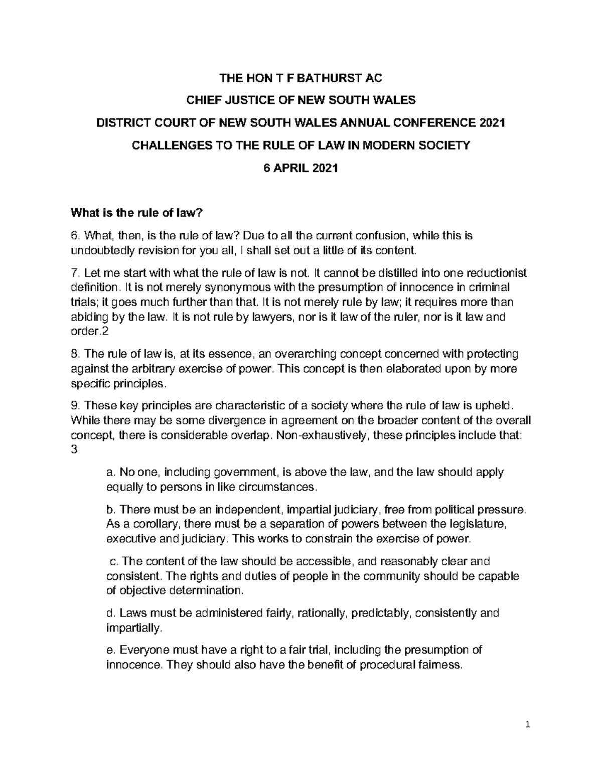 Wk 3 Doc 2 Rule of Law tutorial reading - 1 THE HON T F BATHURST AC ...