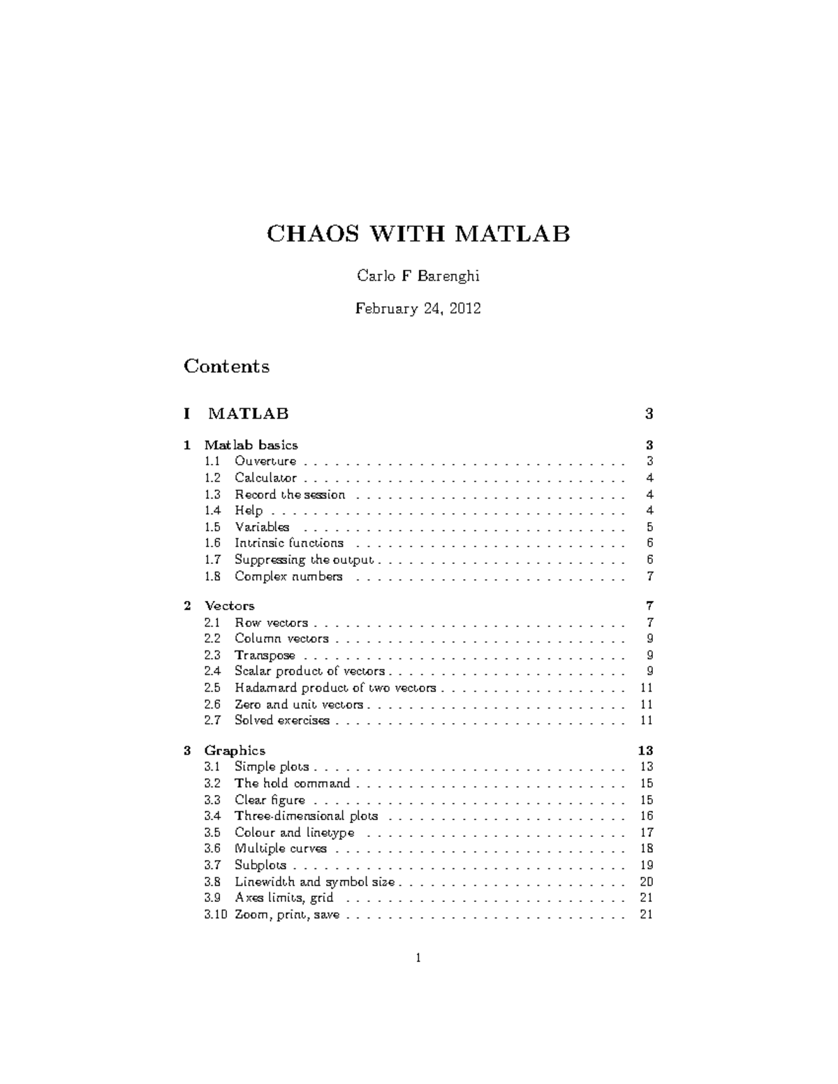Mat3 - Matlab tutorial - CHAOS WITH MATLAB - February 24, Carlo F ...