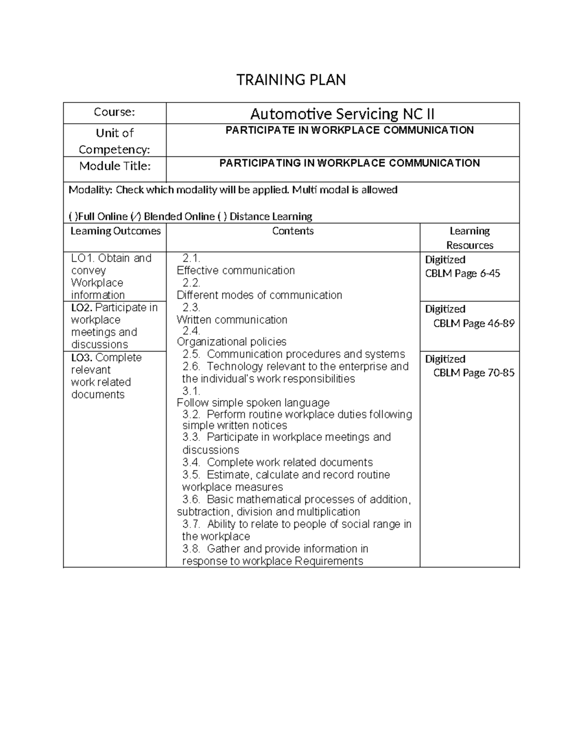 470866338 3 Training PLAN AUTO docx - Course: Automotive Servicing NC ...