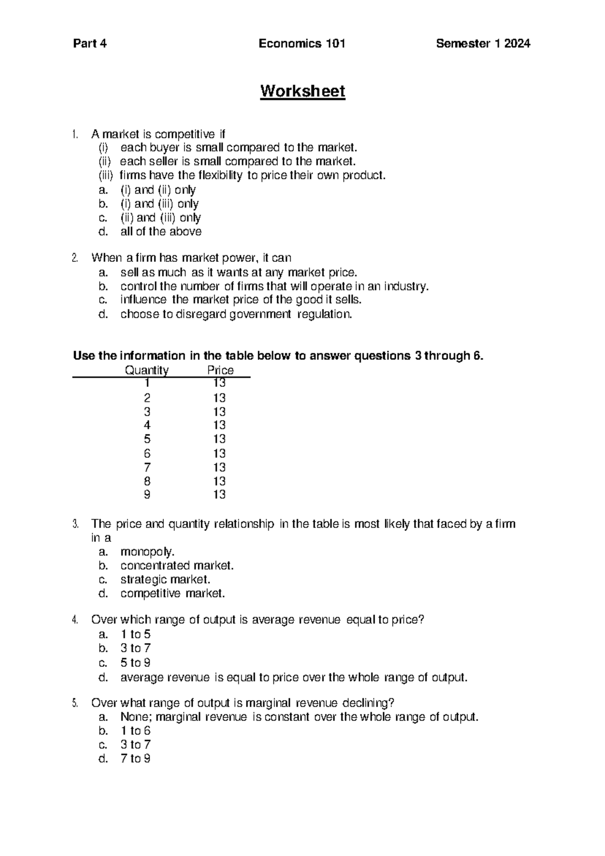 2024-ECON 101 Part 4 Worksheet 2024 - Worksheet A market is competitive ...