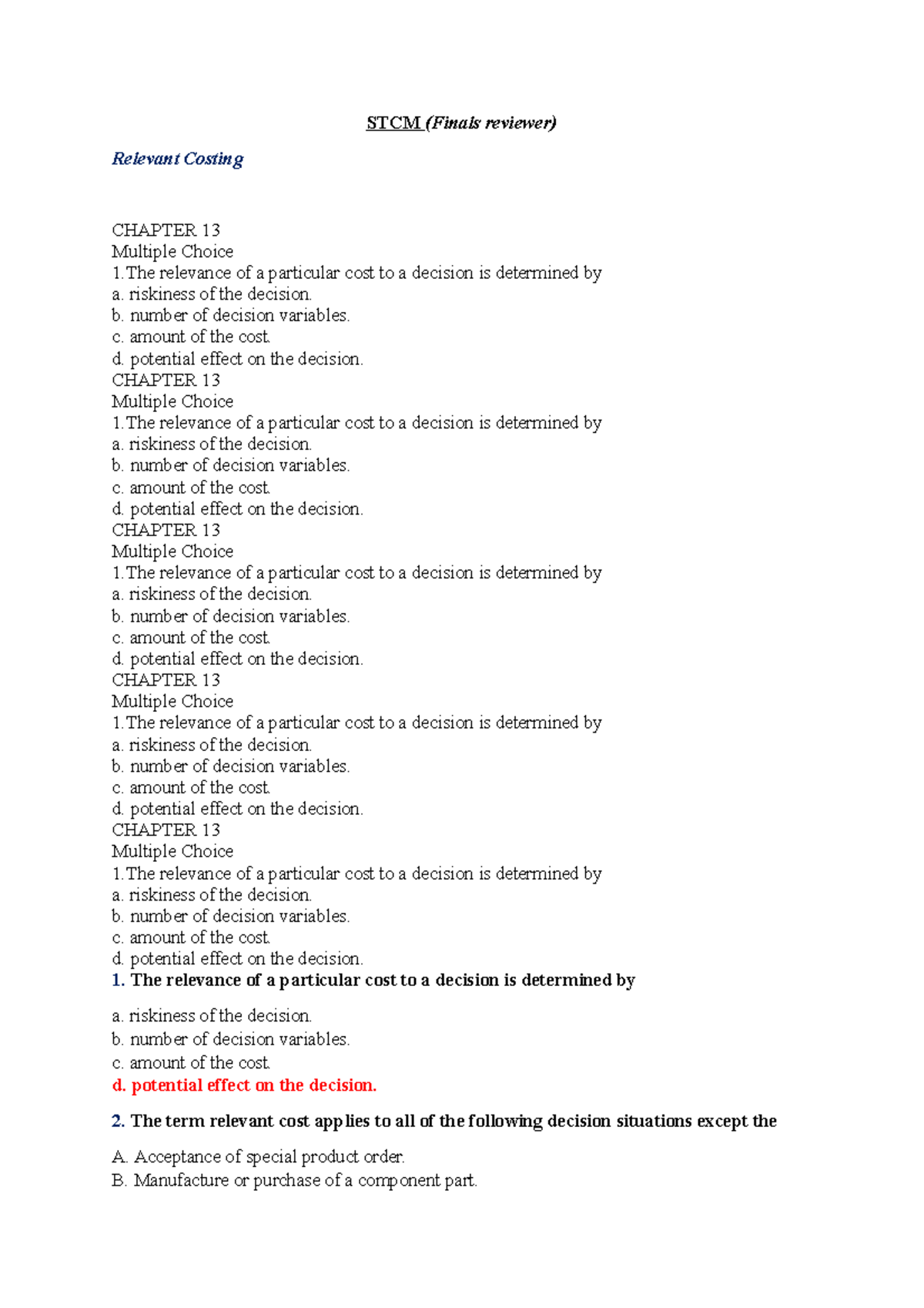 STCM Finals Reviewer - STCM (Finals reviewer) Relevant Costing CHAPTER ...
