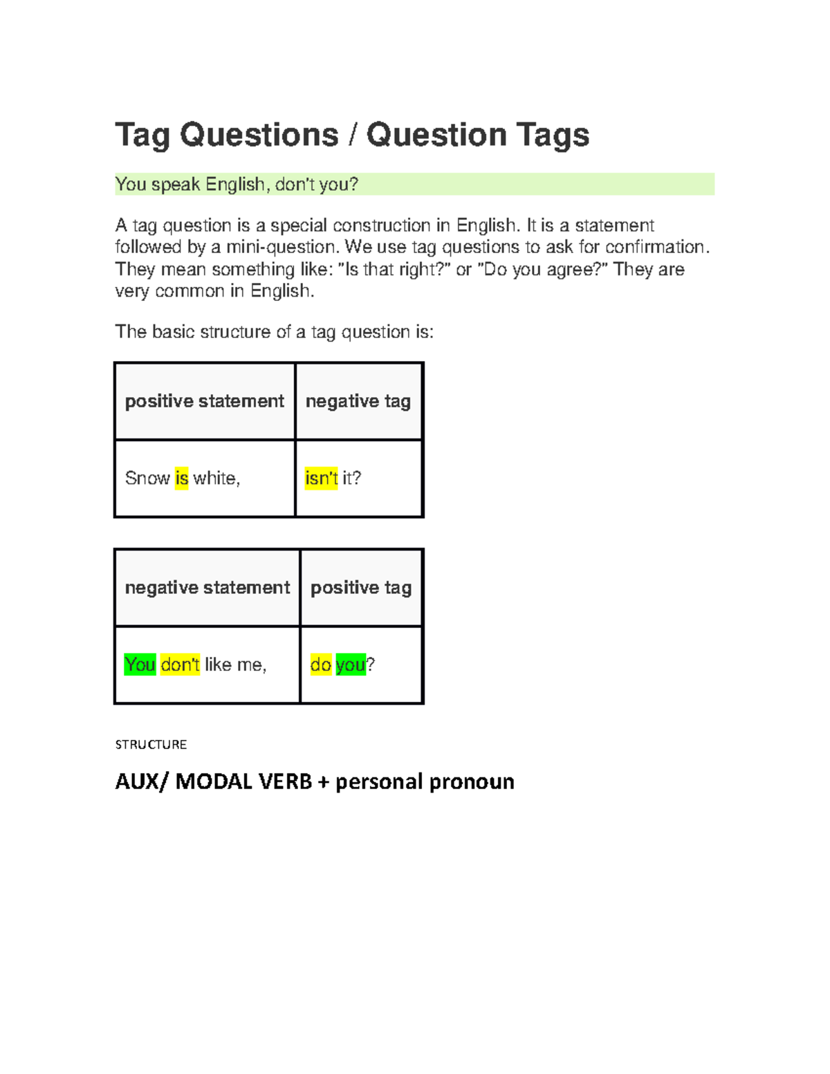 Tag Questions Explanation - Idioma Extranjero IV - UG - Studocu