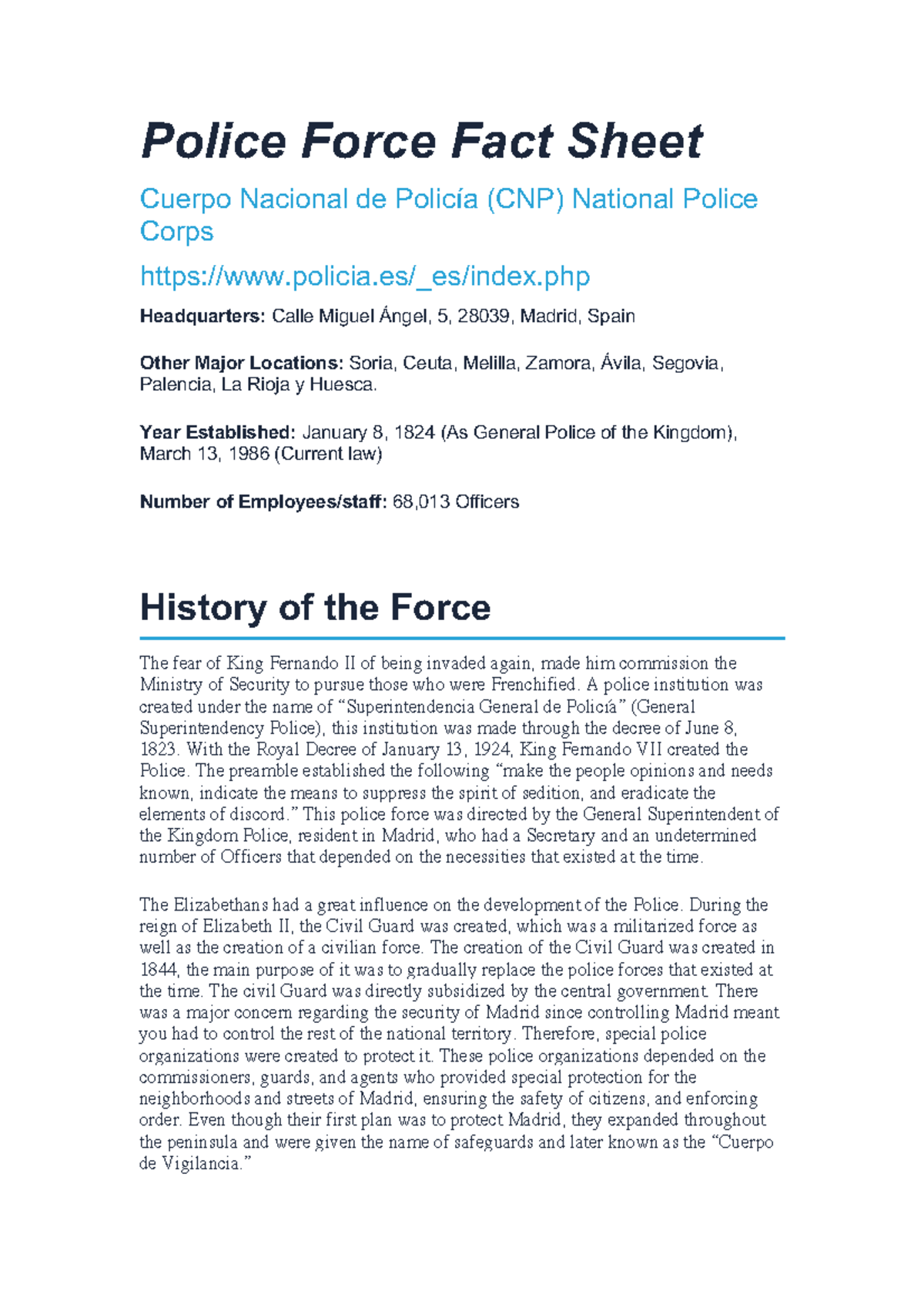 Police Force FACT Sheet - Police Force Fact Sheet Cuerpo Nacional de ...