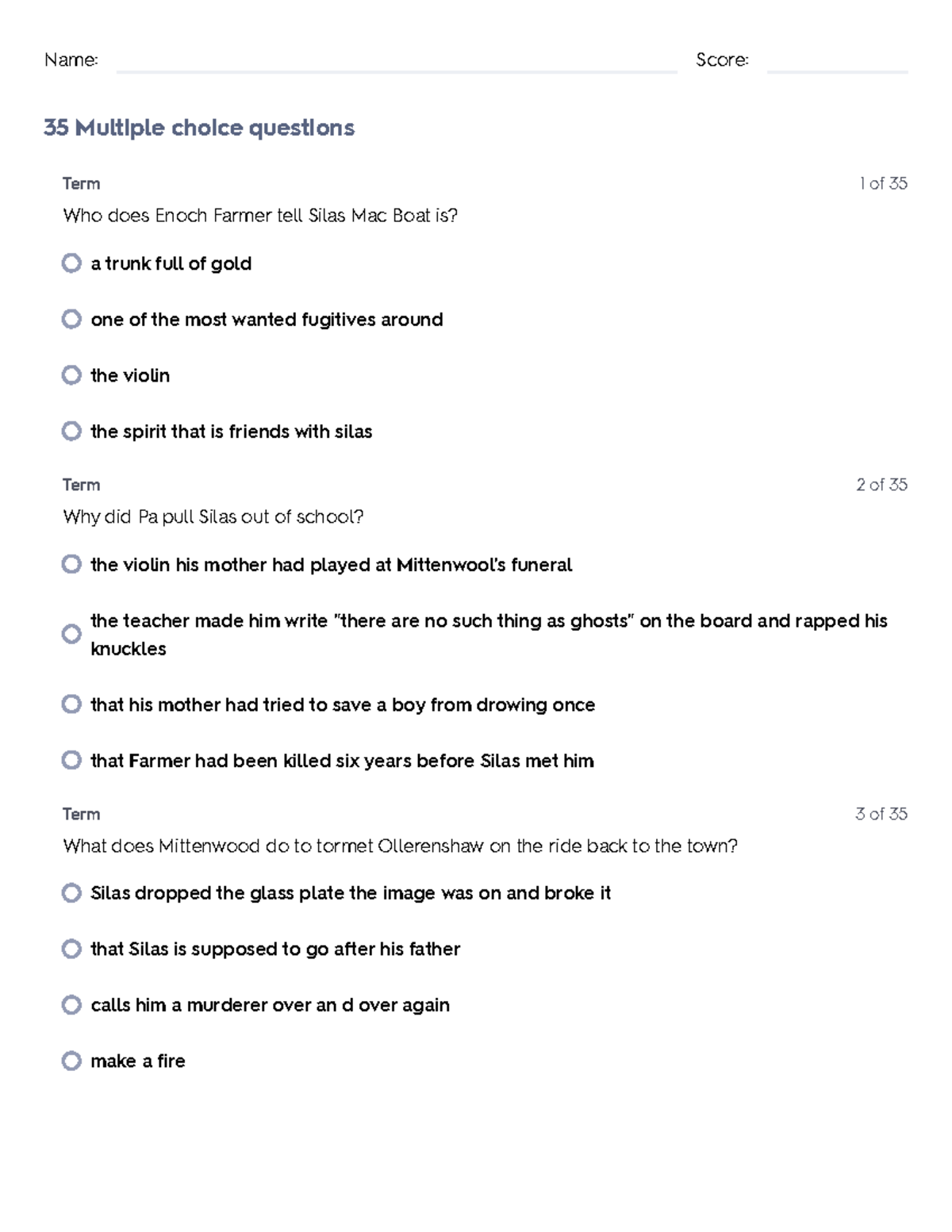 Pony by R.J. Palacio Quizlet - Name: Score: 35 Multiple choice ...