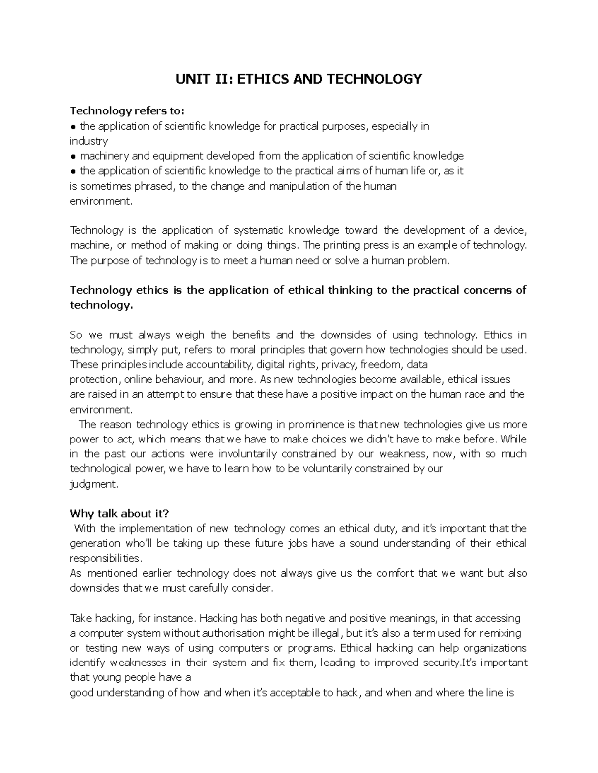 UNIT II Ethics AND Technology - UNIT II: ETHICS AND TECHNOLOGY ...