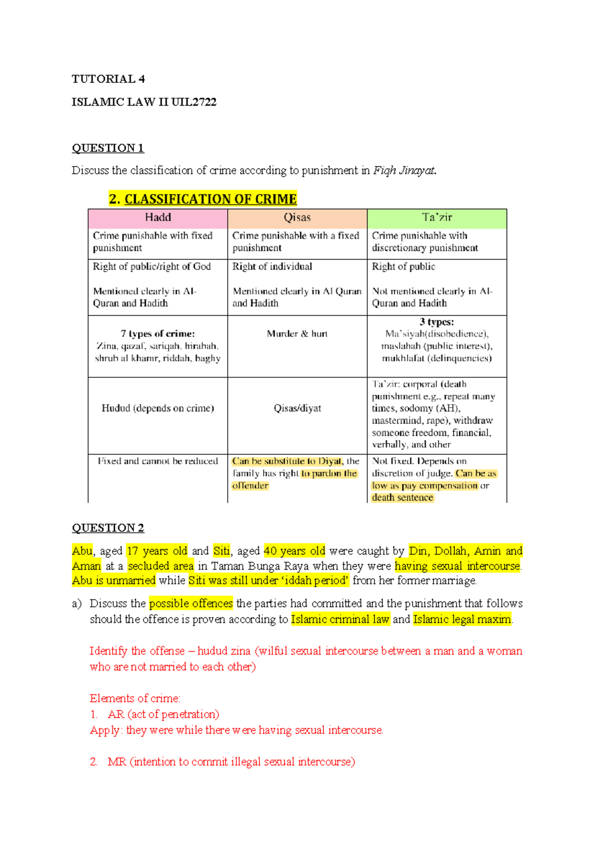 Tutorial 4 - TUTORIAL 4 ISLAMIC LAW II UIL QUESTION 1 Discuss the classification of crime ...