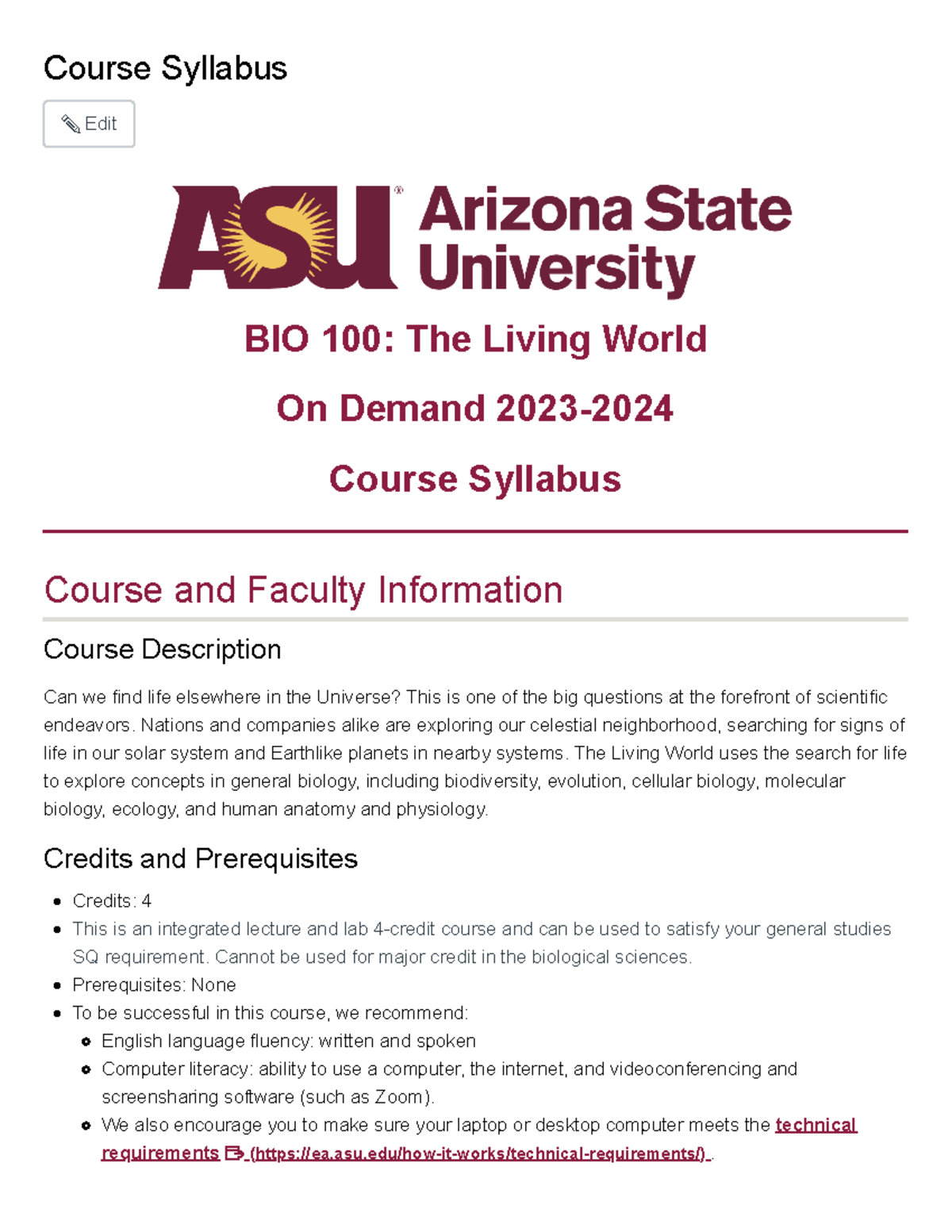 Syllabus for BIO 100 - The Living World (On-Demand) - Course Syllabus ...