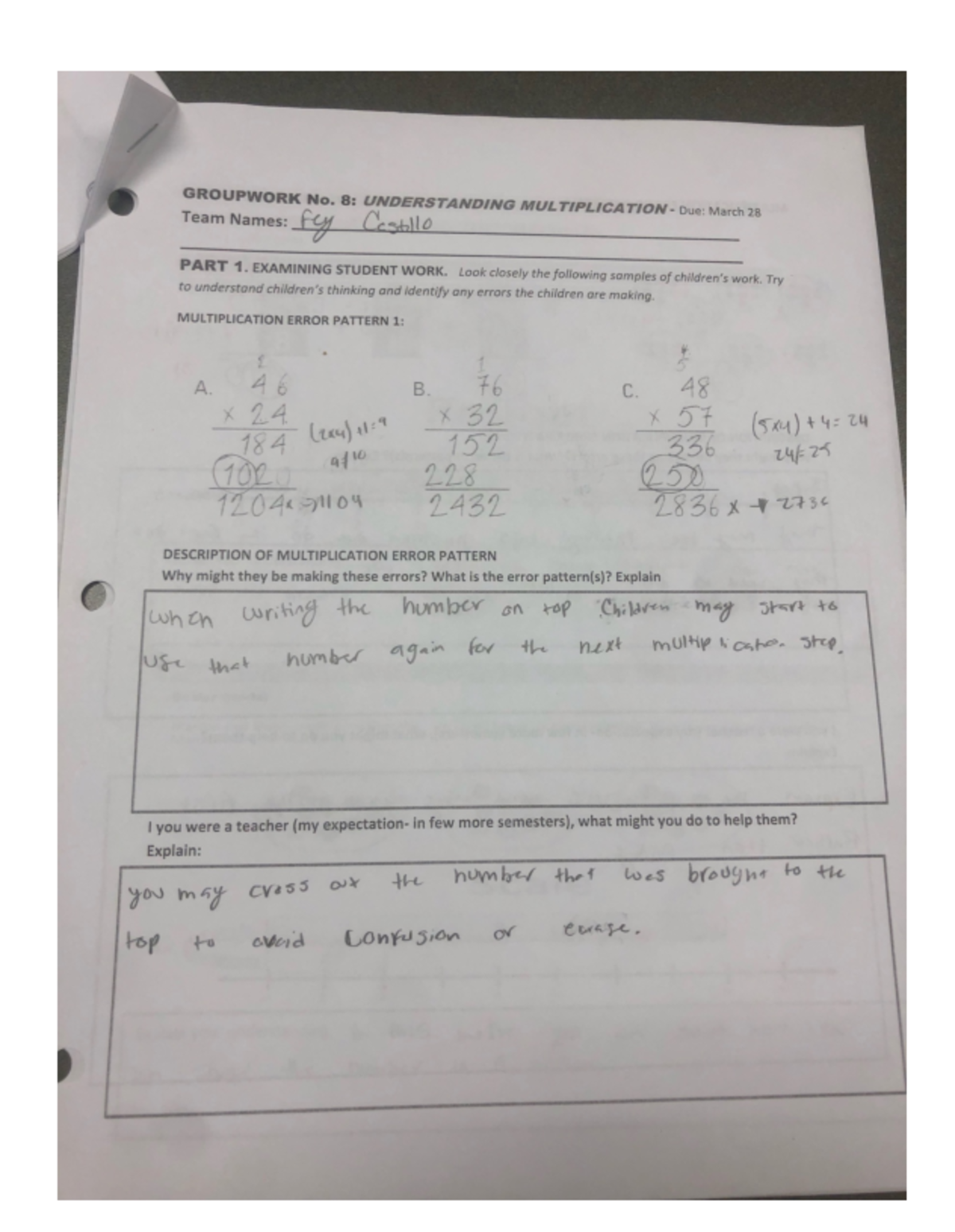 Group work 8 - PART 6: MULTIPLICATION PRACTICE / TEAM DISCUSSION Write ...