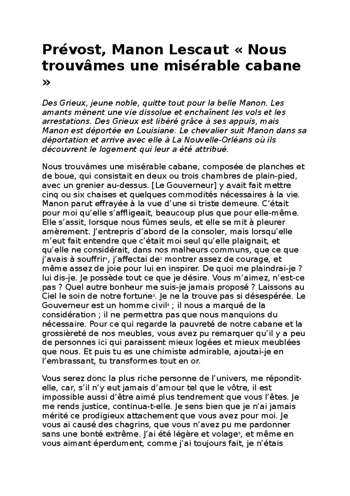 Rencontre en Louisianne Étude linéaire - Prévost, Manon Lescaut « Nous ...