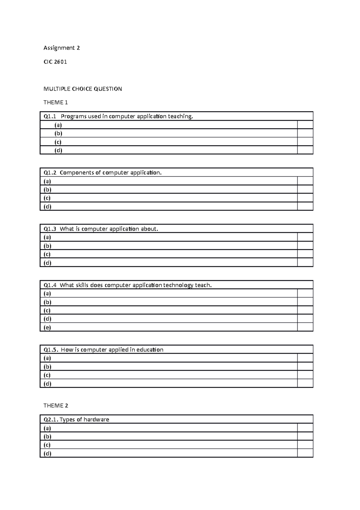 Memo1 - English notes - Assignment 2 CIC 2601 MULTIPLE CHOICE QUESTION ...